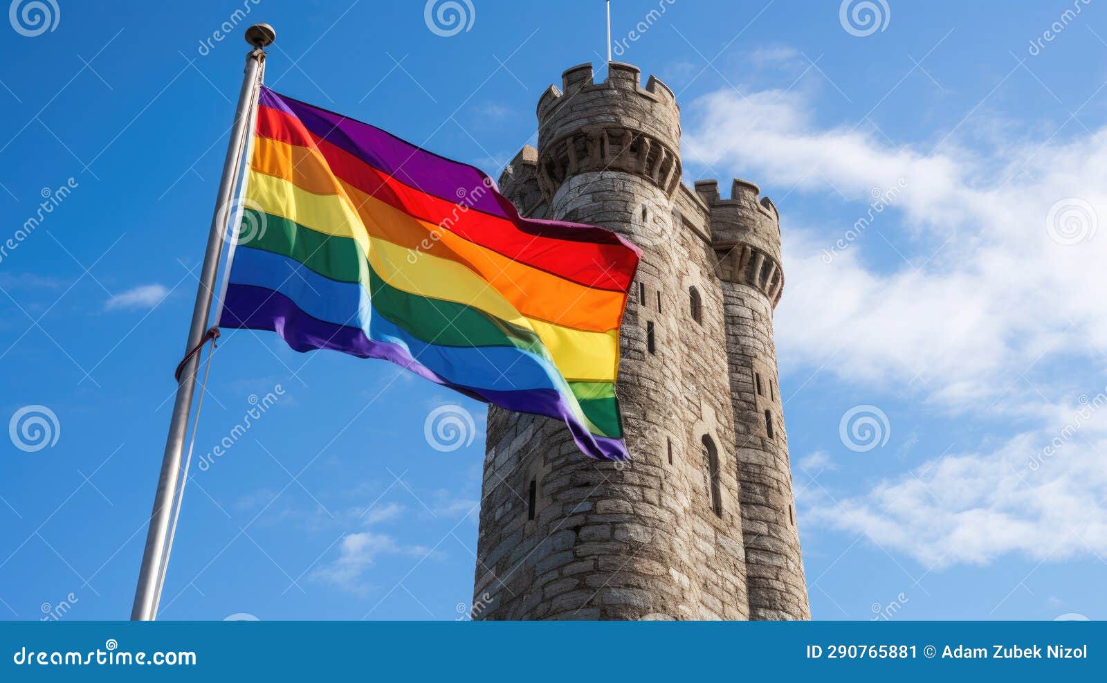 A Rainbow Flag Flying in Front of a Stone Tower Stock Illustration ...