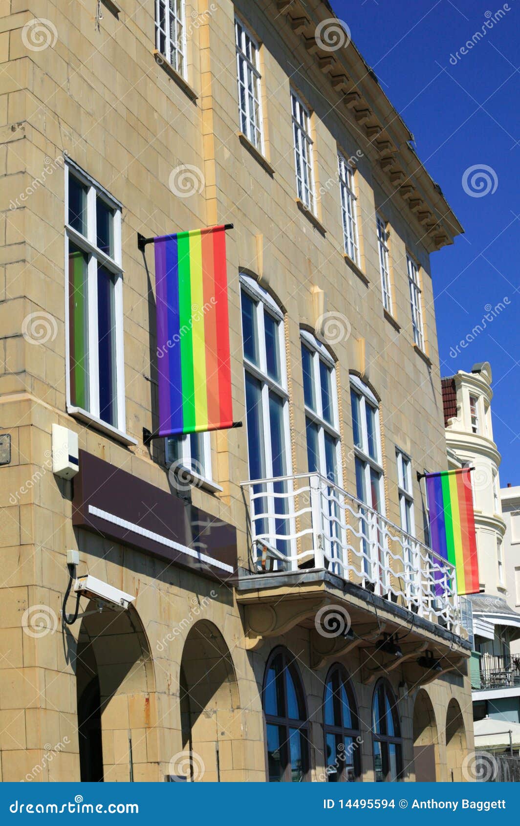 Rainbow Flags Flying on a Hotel Bar Stock Photo - Image of nightclub ...