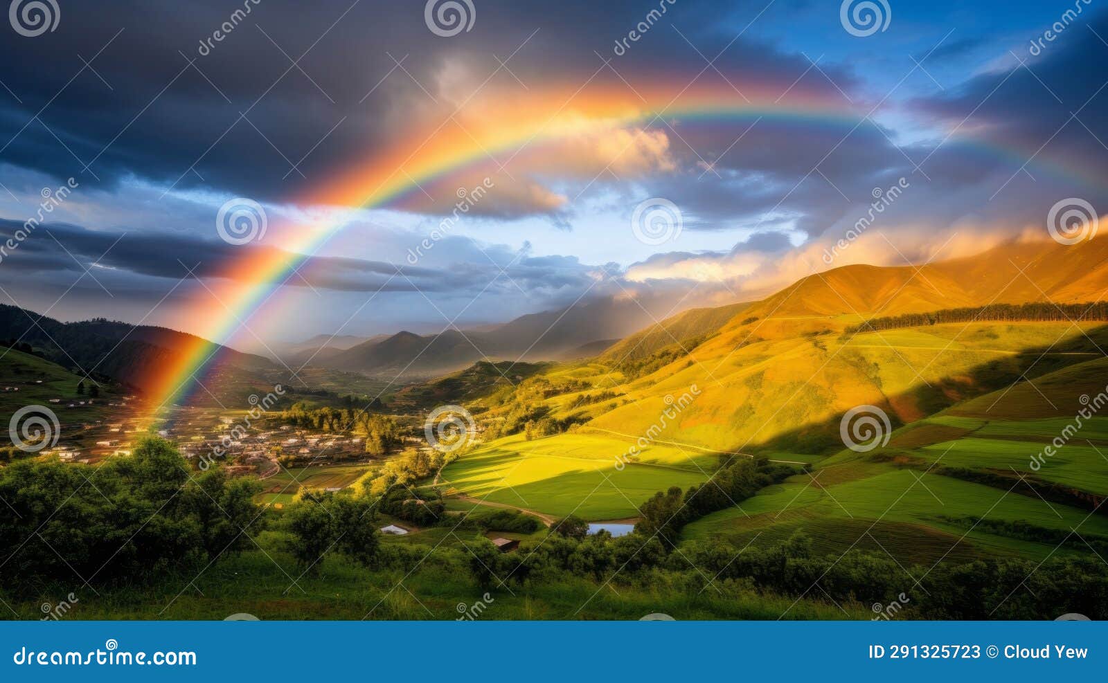 Rainbow over a countryside stock illustration. Illustration of scenery ...