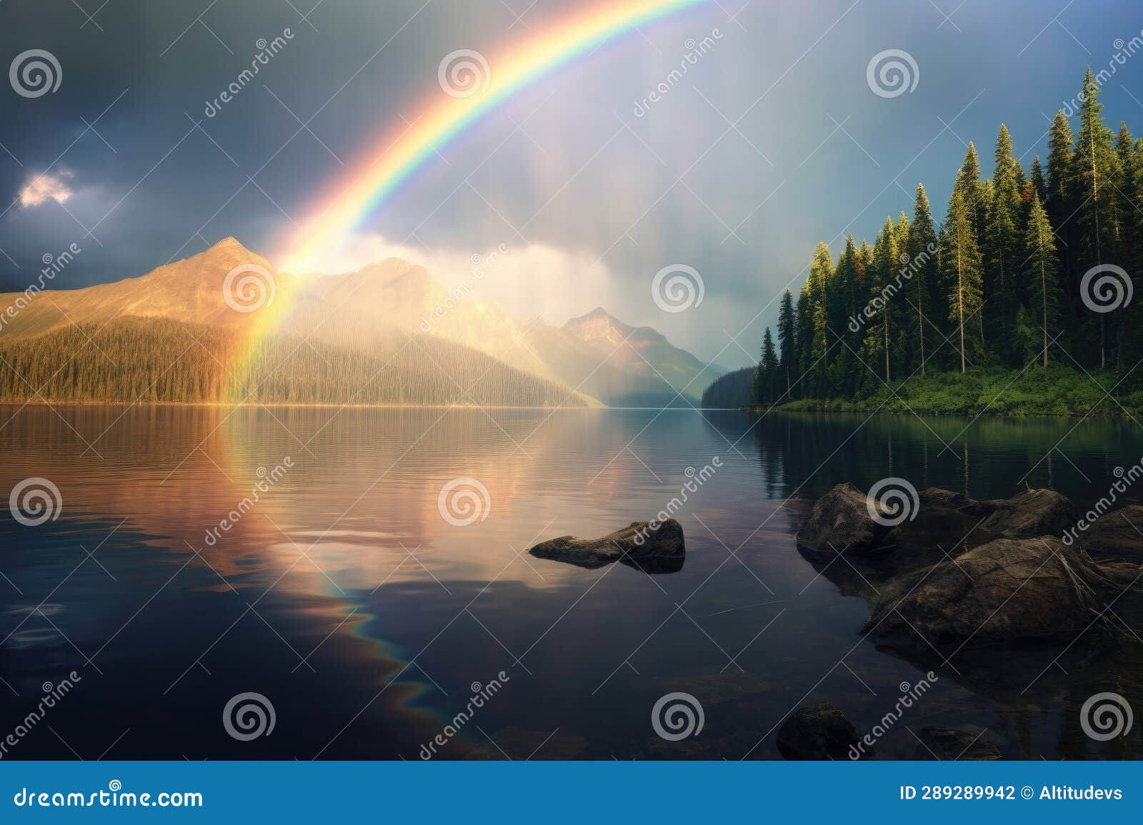 Rainbow Forming Over a Peaceful Lake Stock Photo - Image of peaceful ...