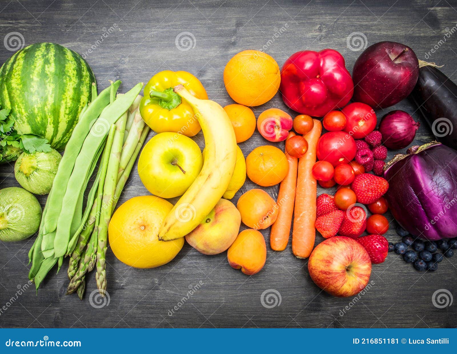 Rainbow Fruit and Vegetables on Wood Stock Image - Image of natural ...