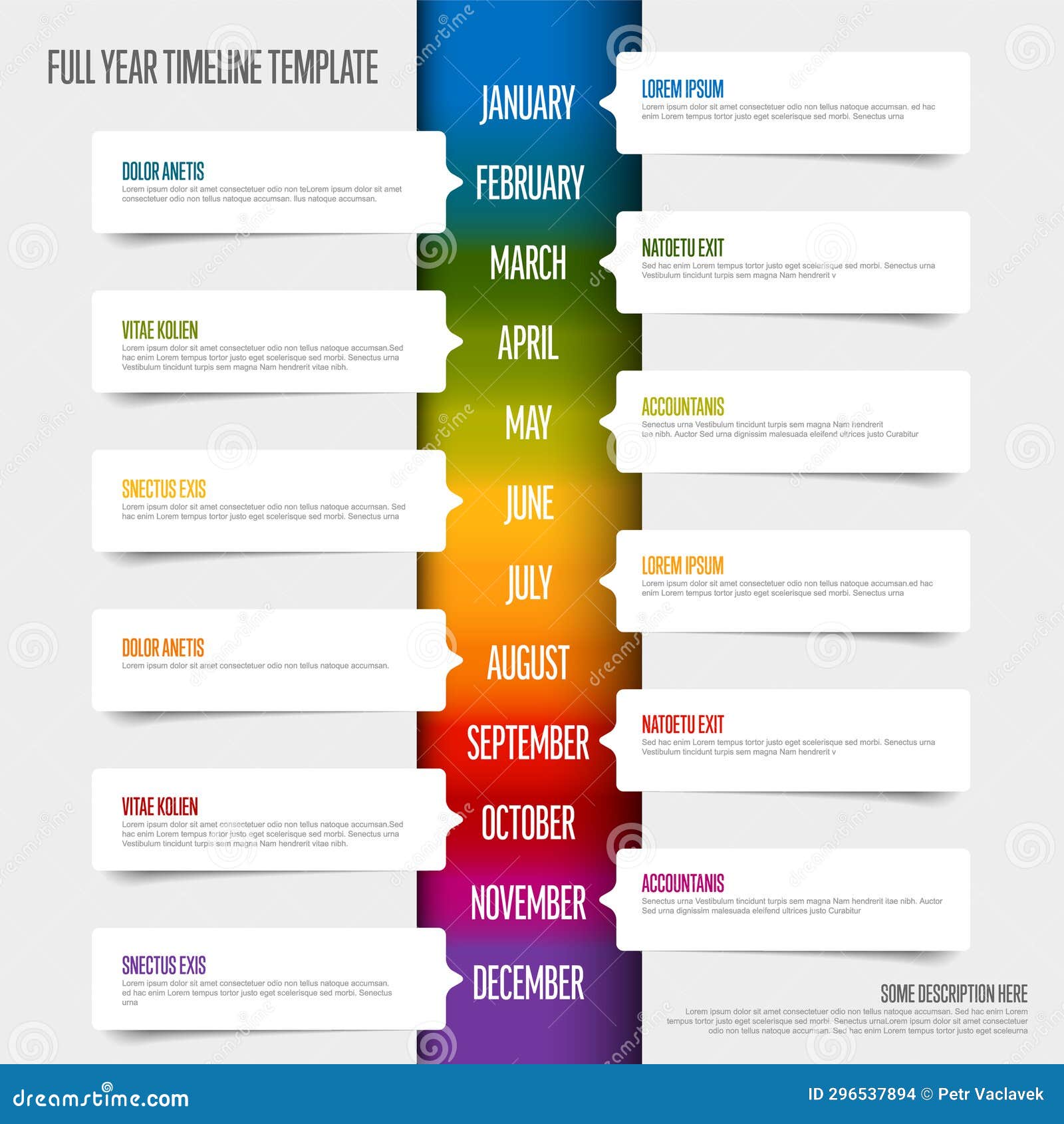 Rainbow Full Year Vertical Timeline Template with White Bubbles Stock ...
