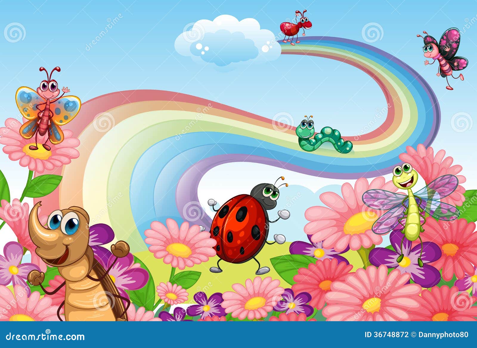 A Rainbow at the Garden with Insects Stock Illustration - Illustration ...