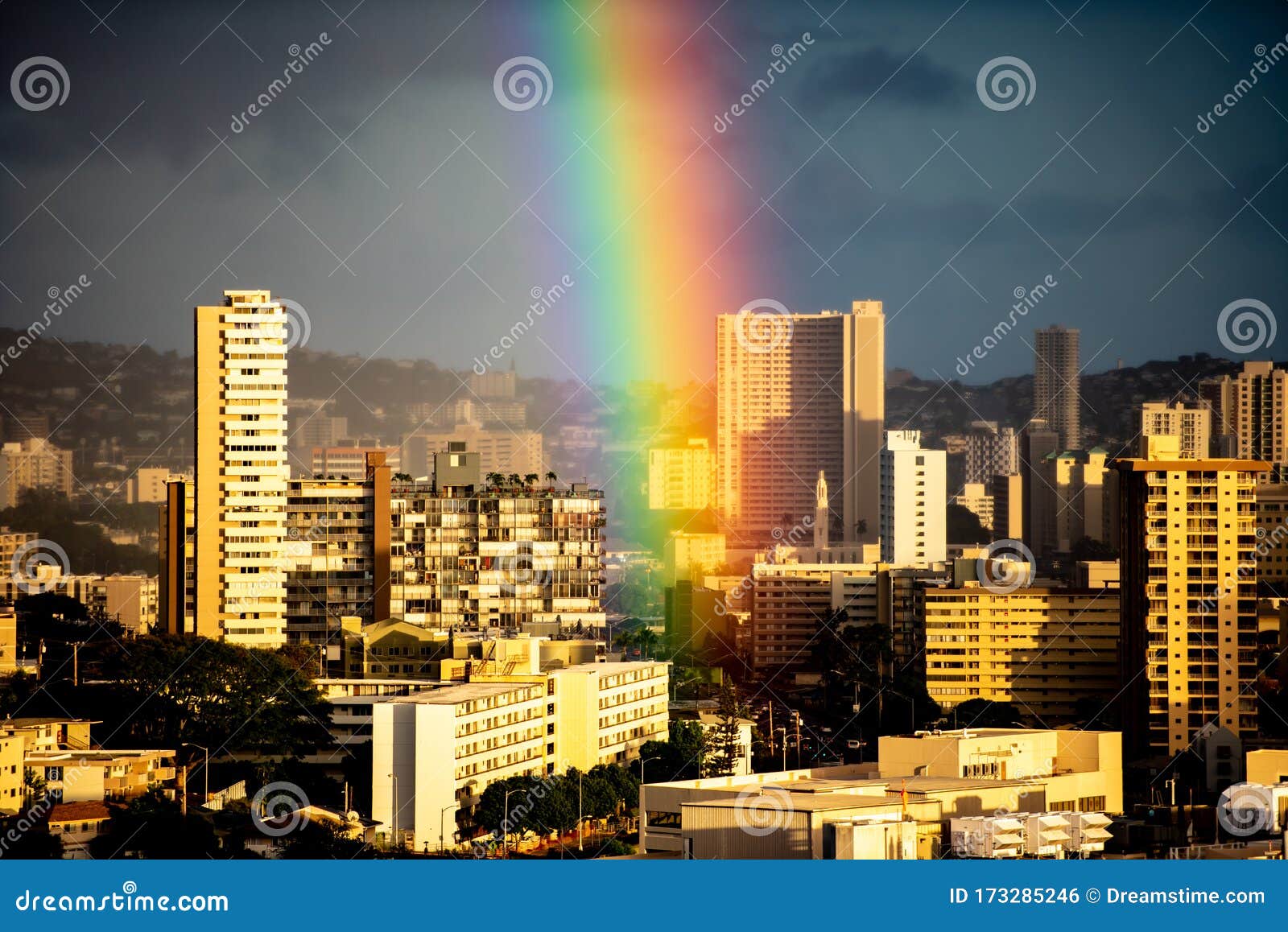 A Rainbow in Honolulu City stock photo. Image of city - 173285246