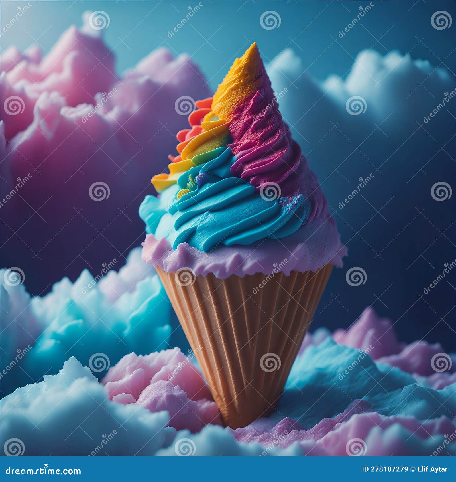 Rainbow Ice Cream Cone on a Fluffy Cloudy Fantasy Background, Created ...