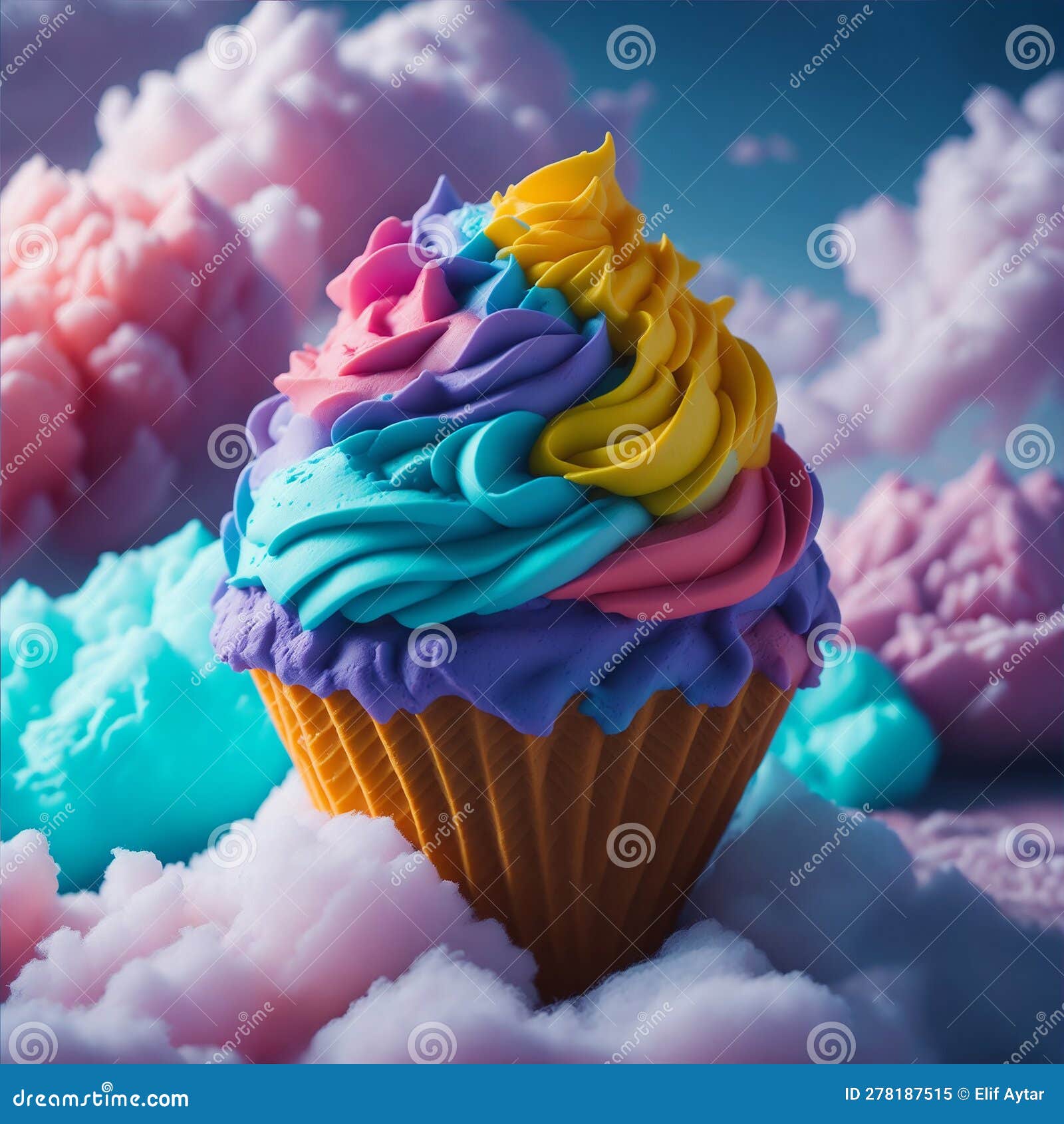 Rainbow Ice Cream Cone on a Fluffy Cloudy Fantasy Background, Created ...