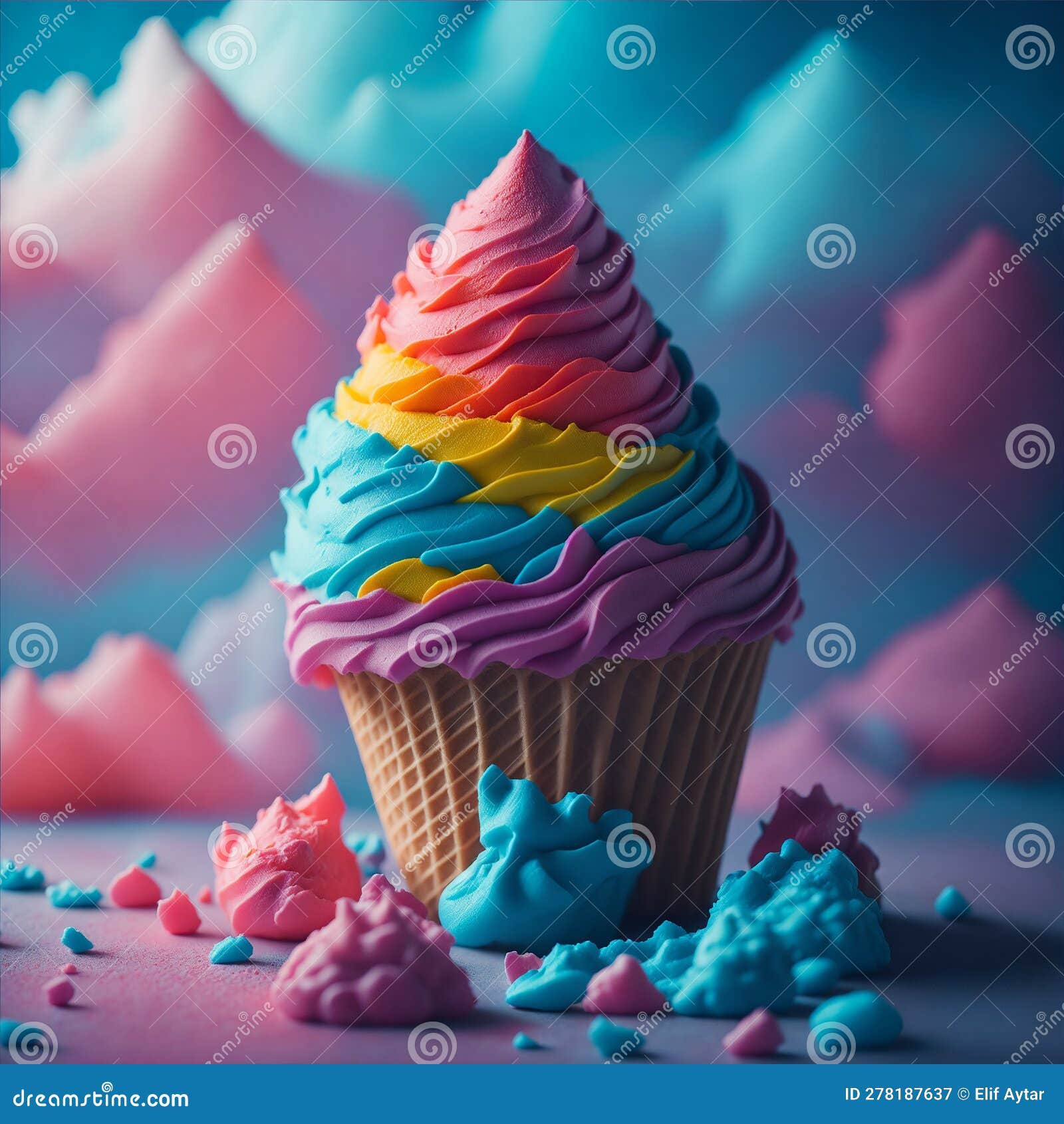 Rainbow Ice Cream Cone on a Fluffy Cloudy Fantasy Background, Created ...
