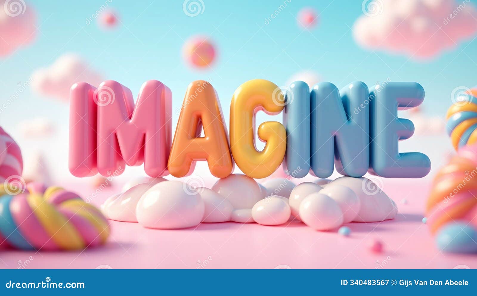 Rainbow IMAGINE in 3D Candyland with Lollipops Stock Illustration ...