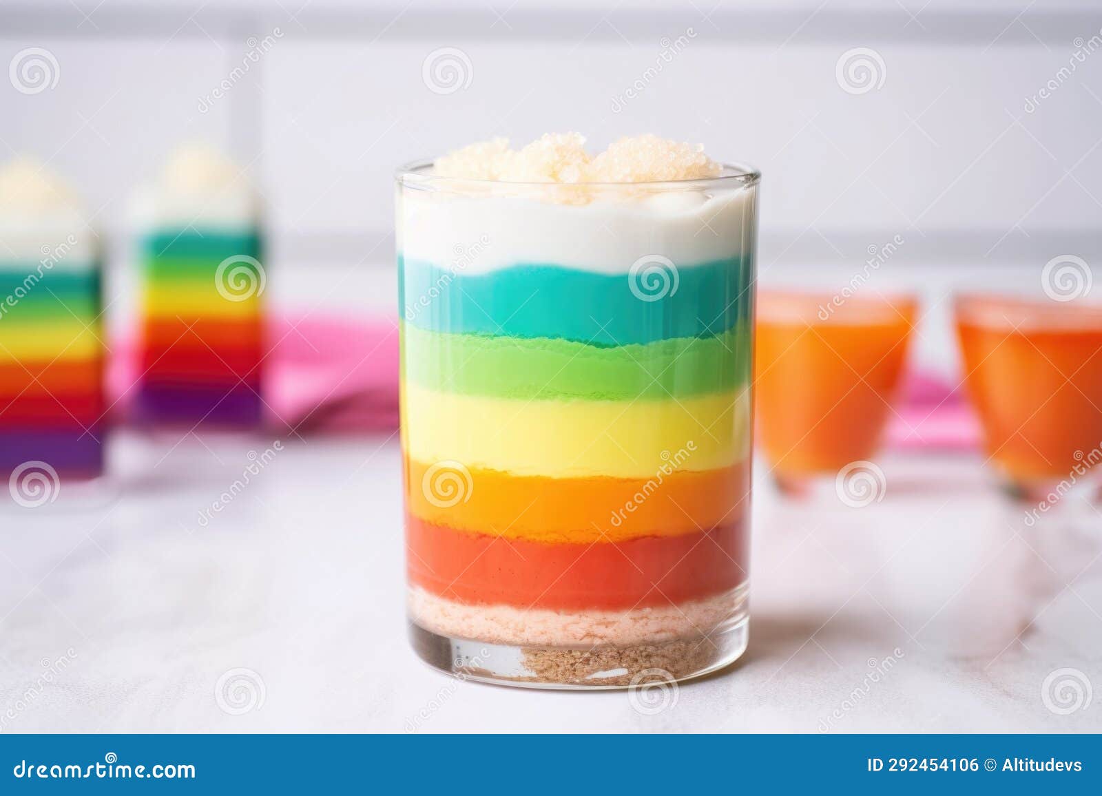 Rainbow Layered Latte in a Clear Glass on a Light Pastel Table Stock ...