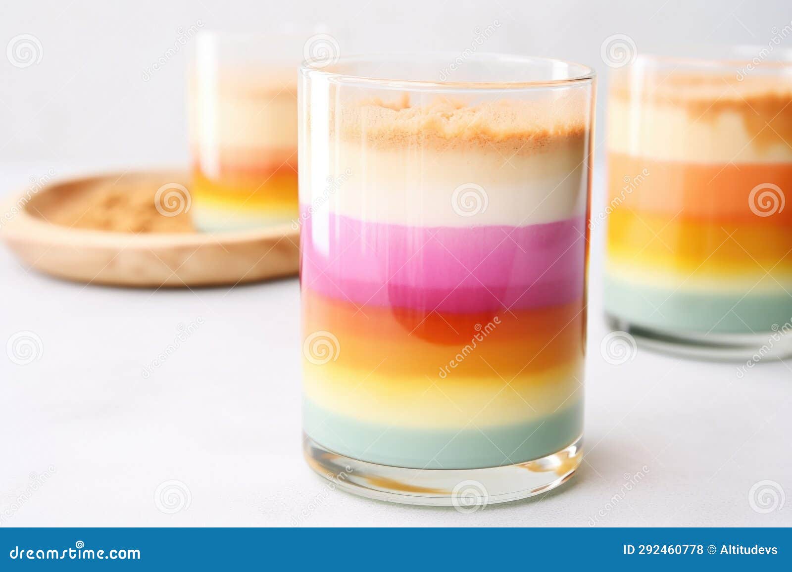 Rainbow Layered Latte in a Clear Glass on a Light Pastel Table Stock ...