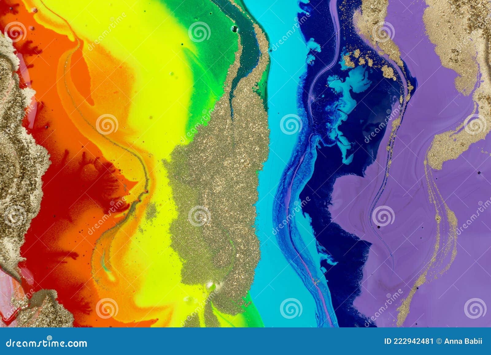 Rainbow Liquid Acrylic Paint With Gold Dust Texture. Stock Illustration ...