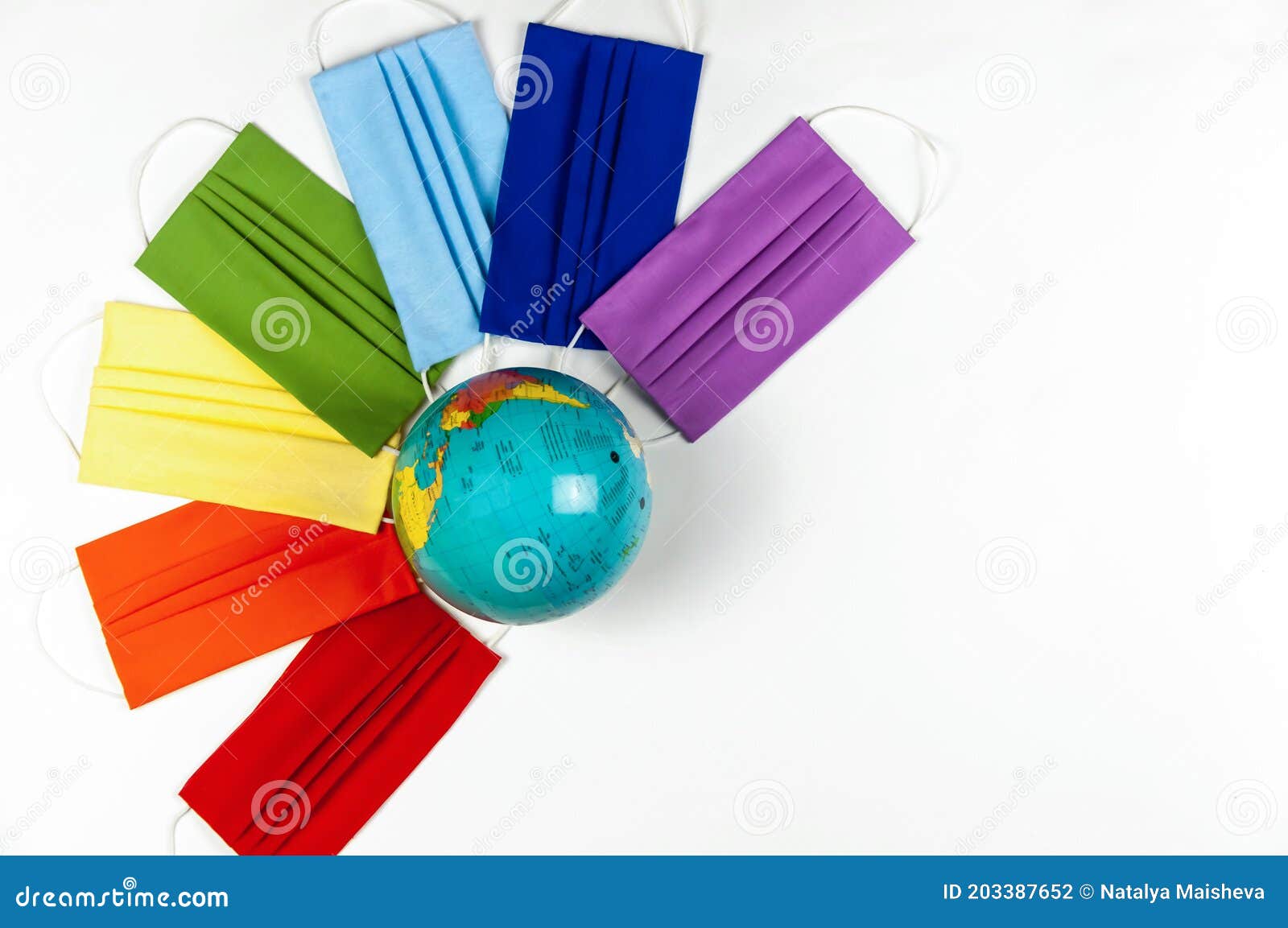 A Rainbow of Medical Masks and a Globe on a White Background.Seven ...