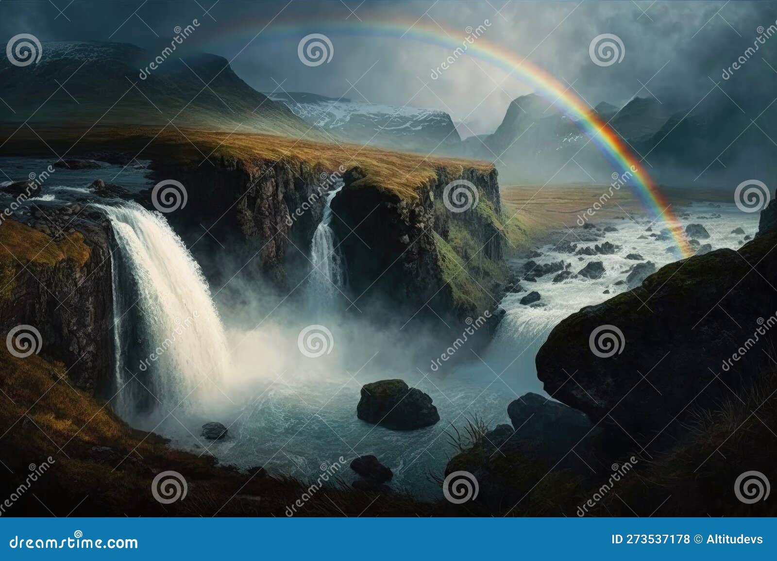 Rainbow, with the Mist of a Waterfall Visible in the Background ...