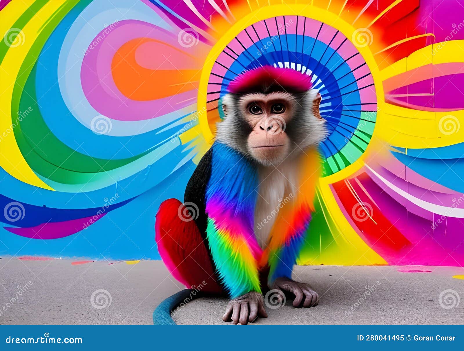 Rainbow Monkey Standing in a Front of Some Colorful Wall Stock ...