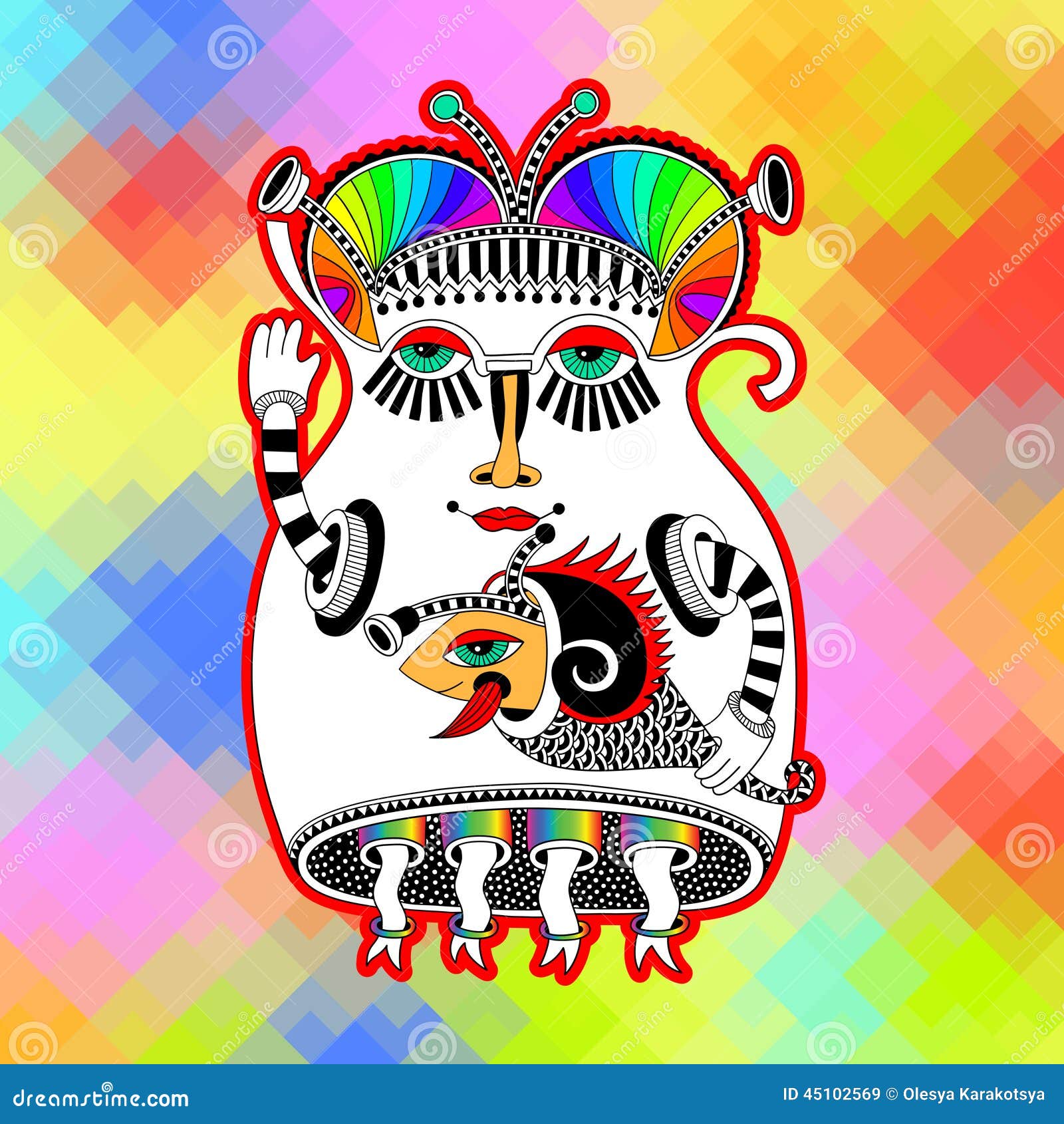 Rainbow Monster on Geometrical Pattern Stock Vector - Illustration of ...