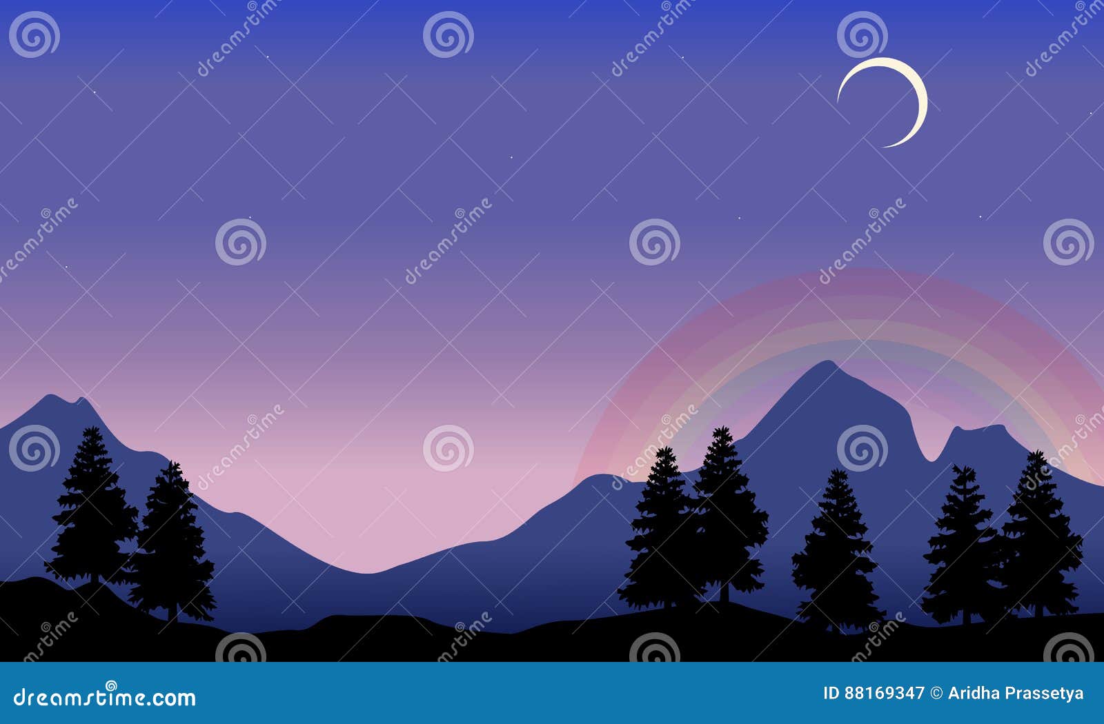 Rainbow on Mountain Scenery Silhouettes Stock Vector - Illustration of ...