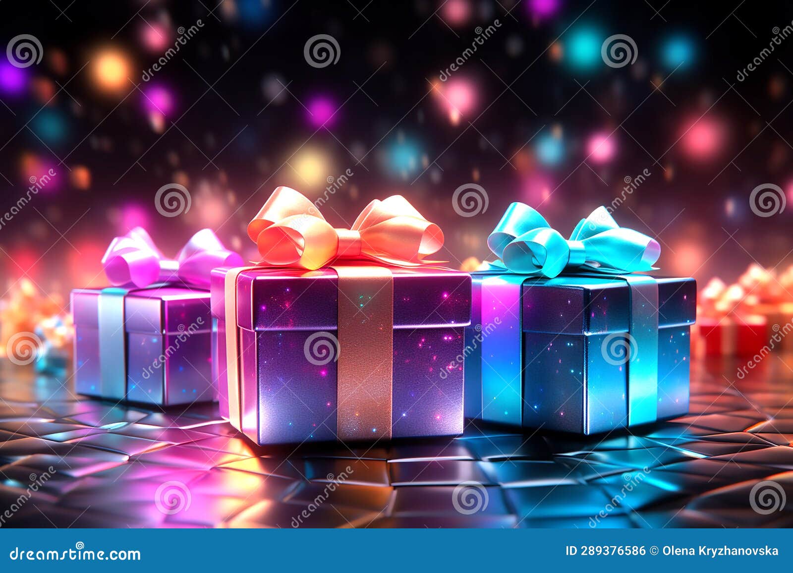 Rainbow Neon Gift Boxes with Bow on the Background of Bokeh Effect ...