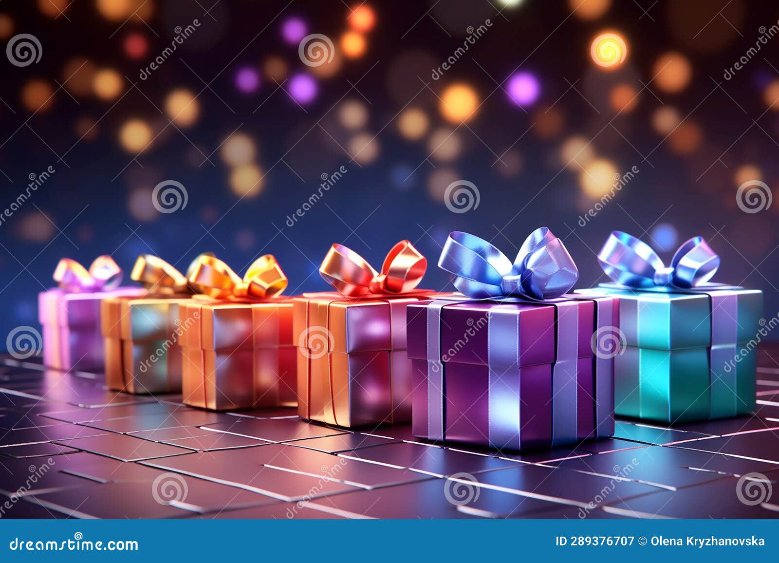 Rainbow Neon Gift Boxes with Bow on the Background of Bokeh Effect ...
