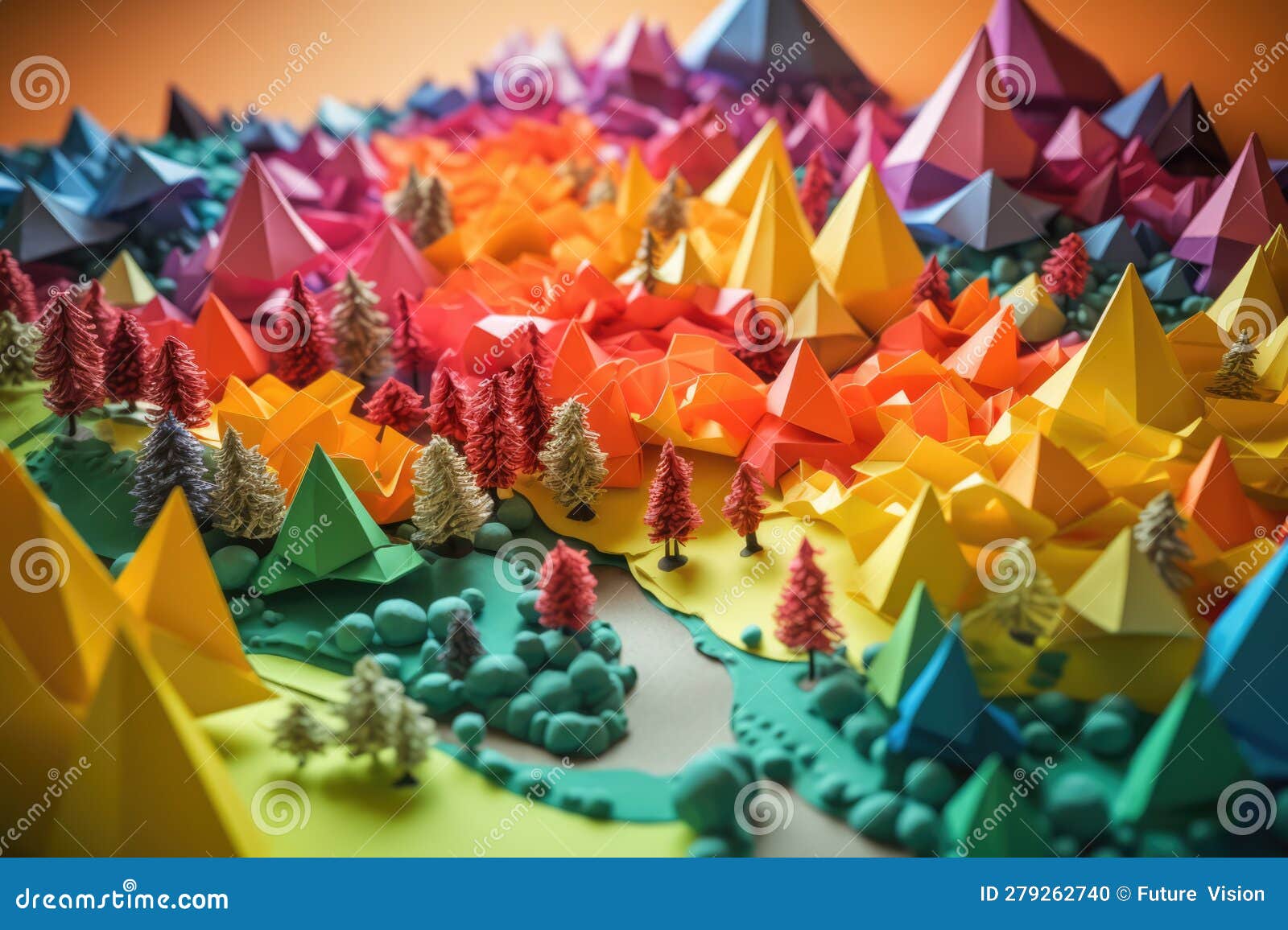 Rainbow Origami Landscape with Trees and Mountains, Created Using ...