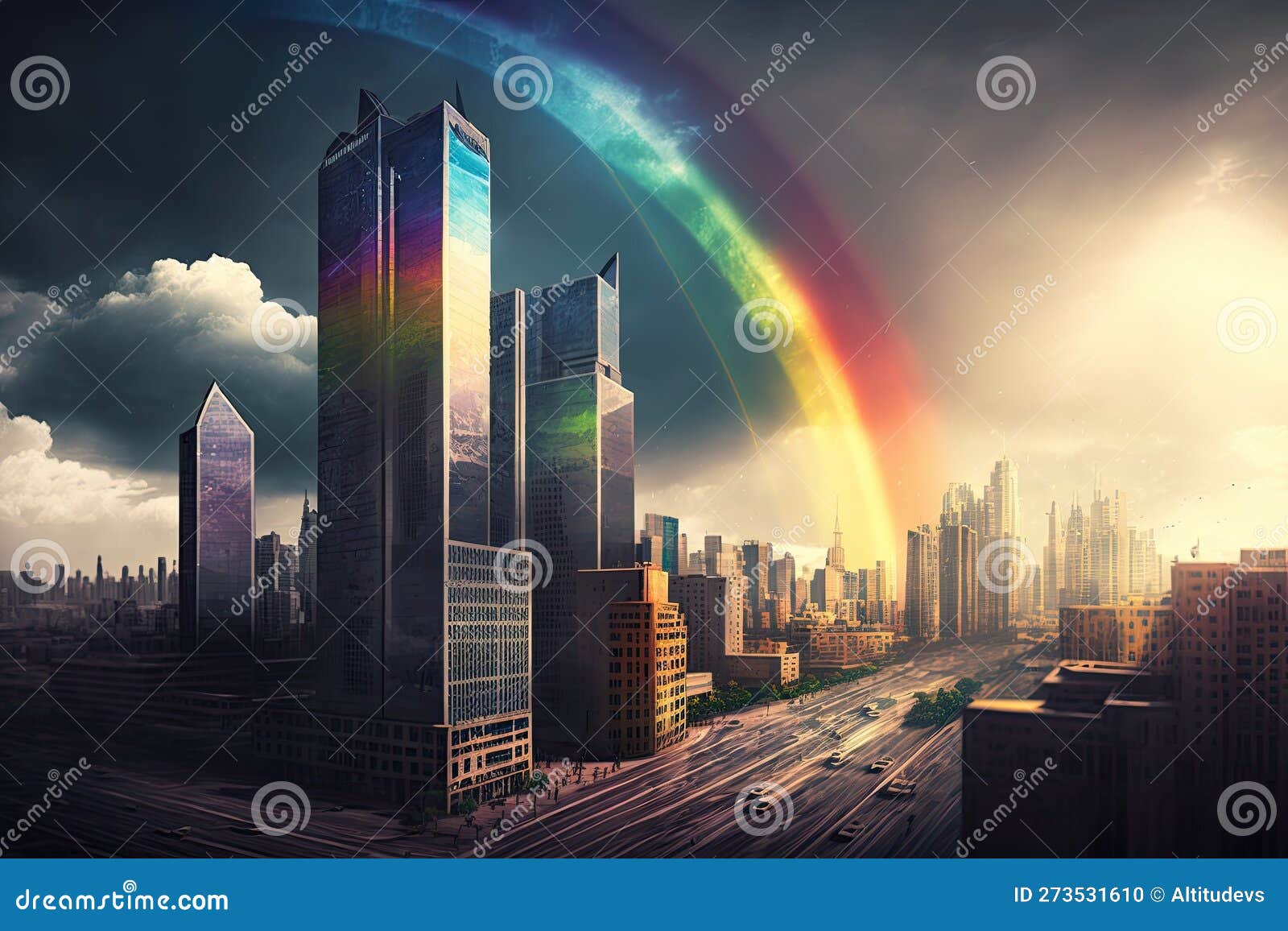 Rainbow Over a Busy City, with Towering Skyscrapers in the Background ...