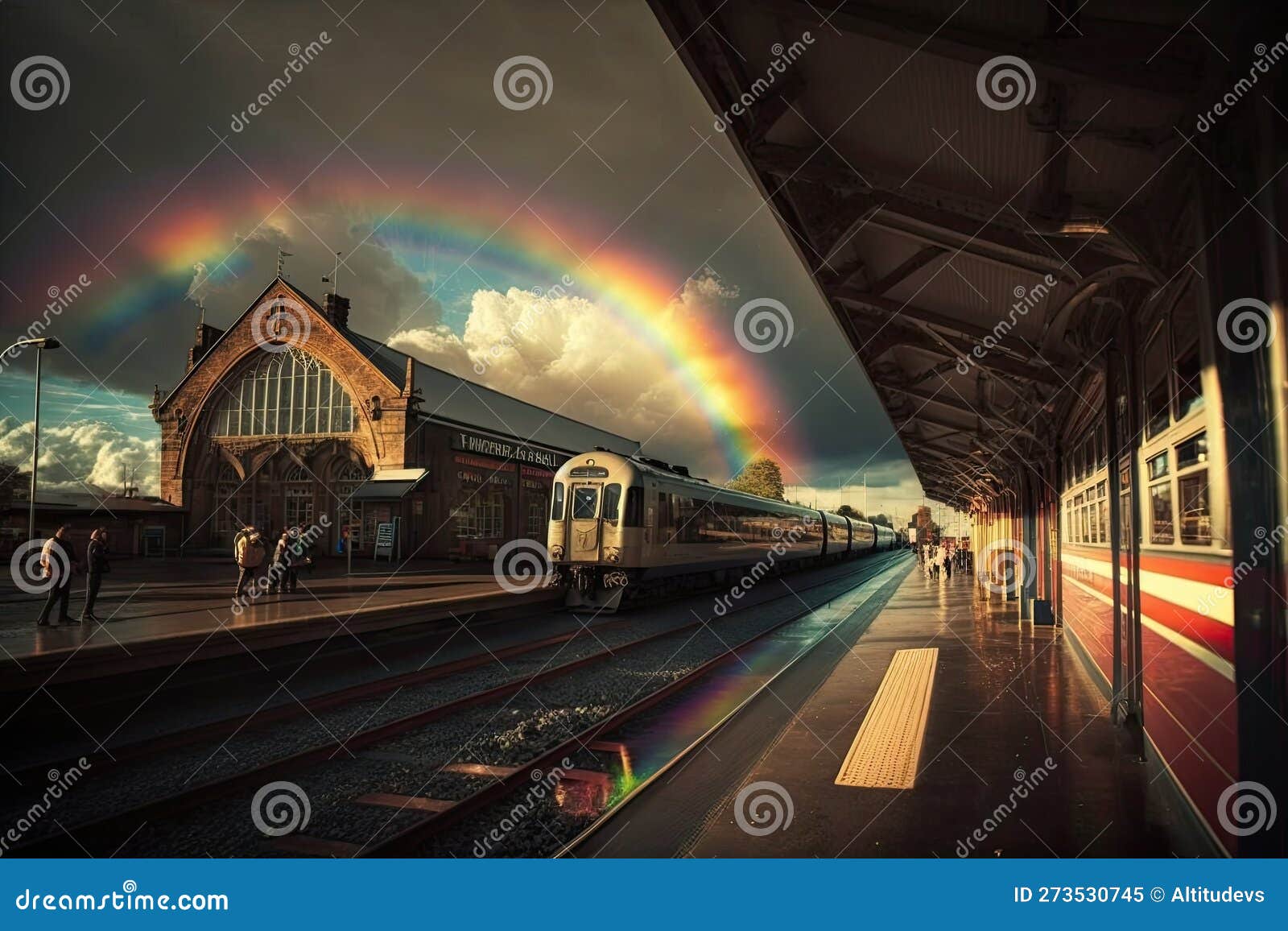 Rainbow Over a Busy Train Station, with Trains Passing through the ...