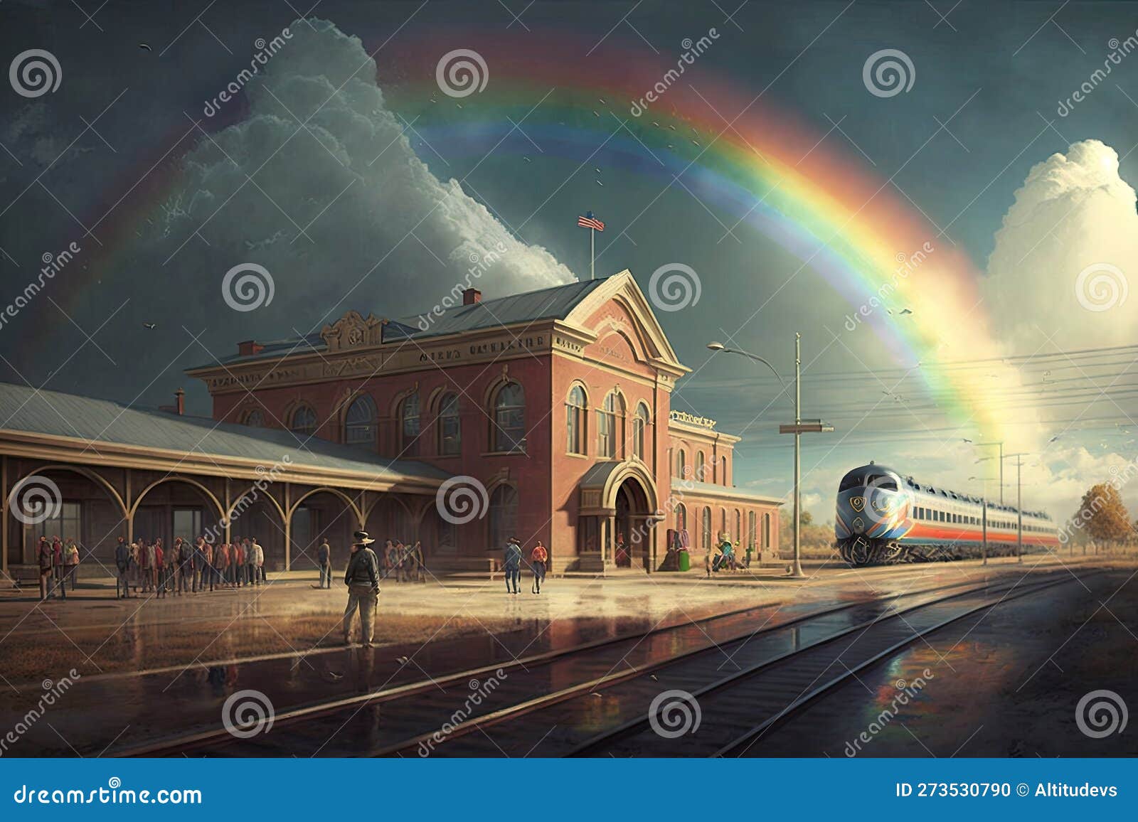 Rainbow Over a Busy Train Station, with Trains Passing through the ...