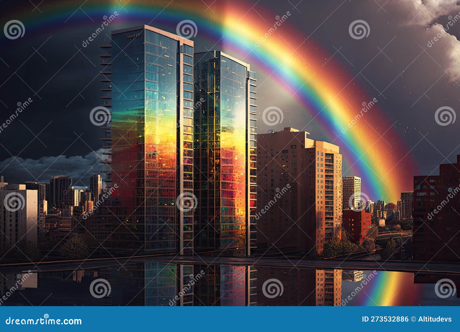A Rainbow Over the City, with Reflections in the Windows of High-rise ...