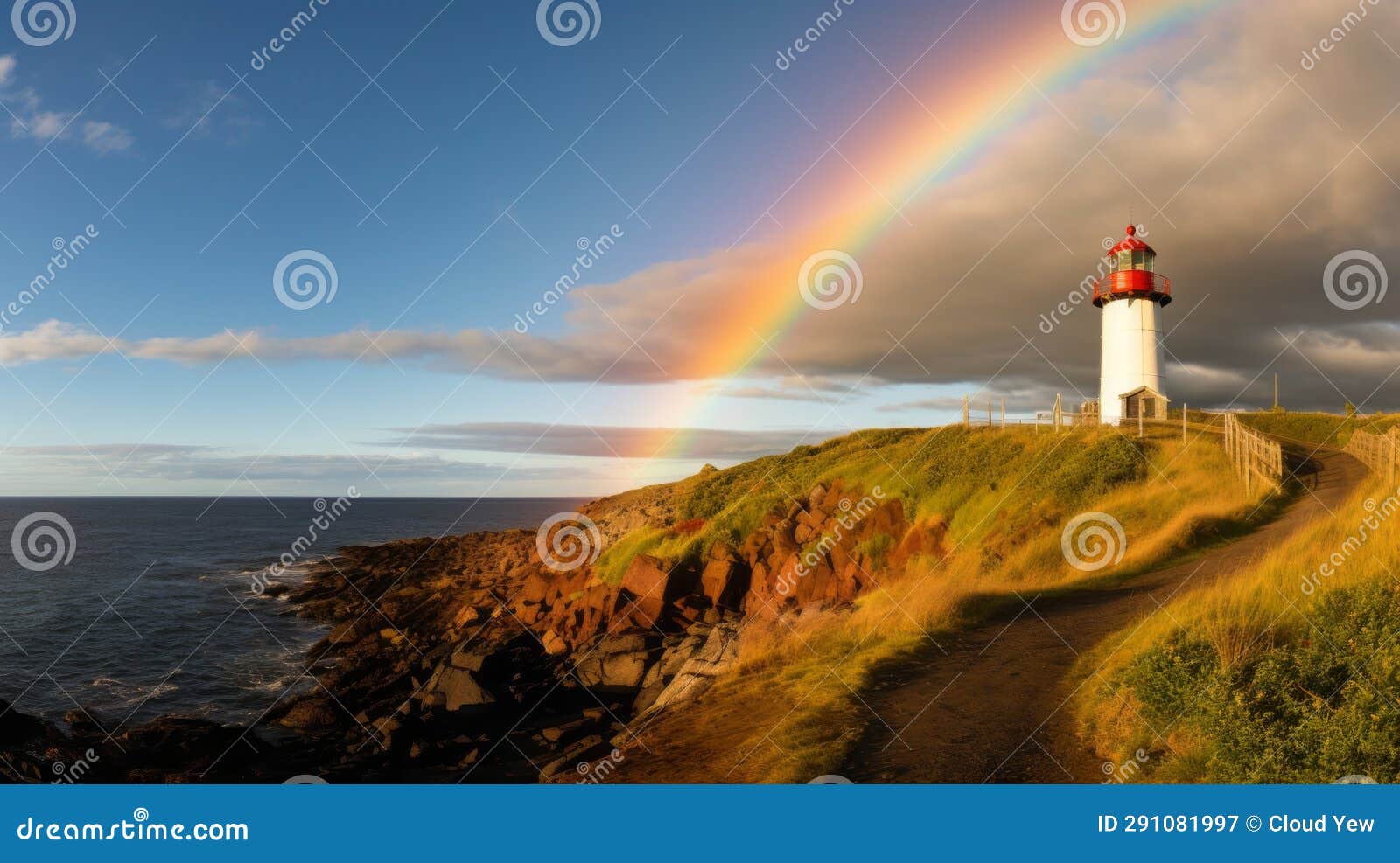 Rainbow Over a Coastal Lighthouse Stock Illustration - Illustration of ...