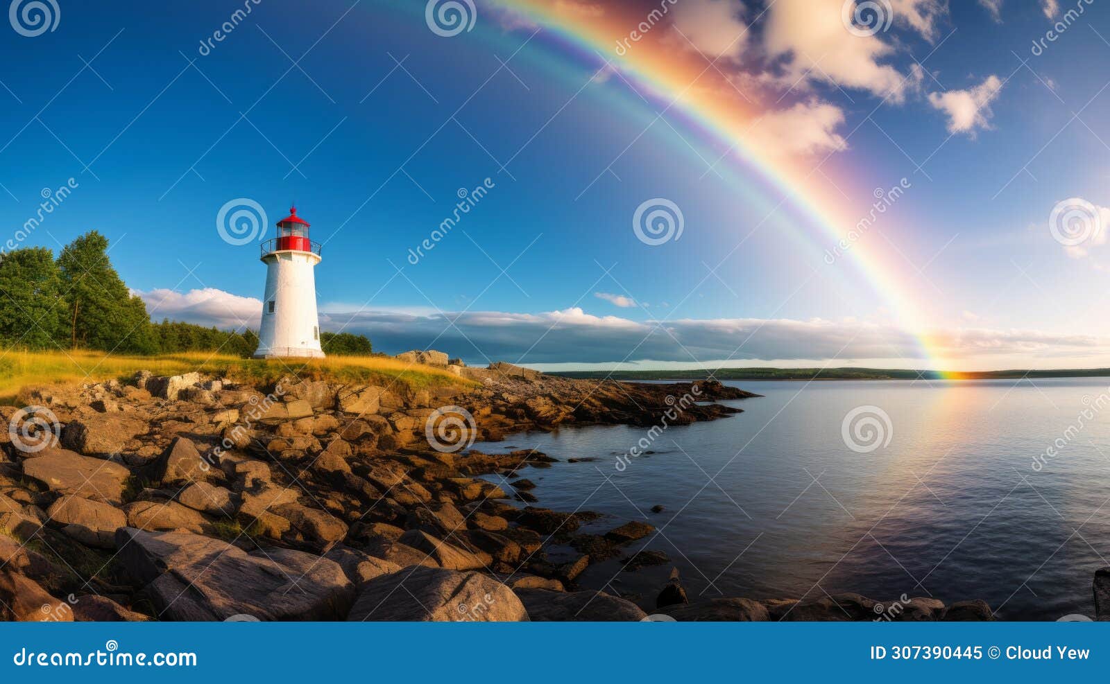 Rainbow Over a Coastal Lighthouse Stock Illustration - Illustration of ...