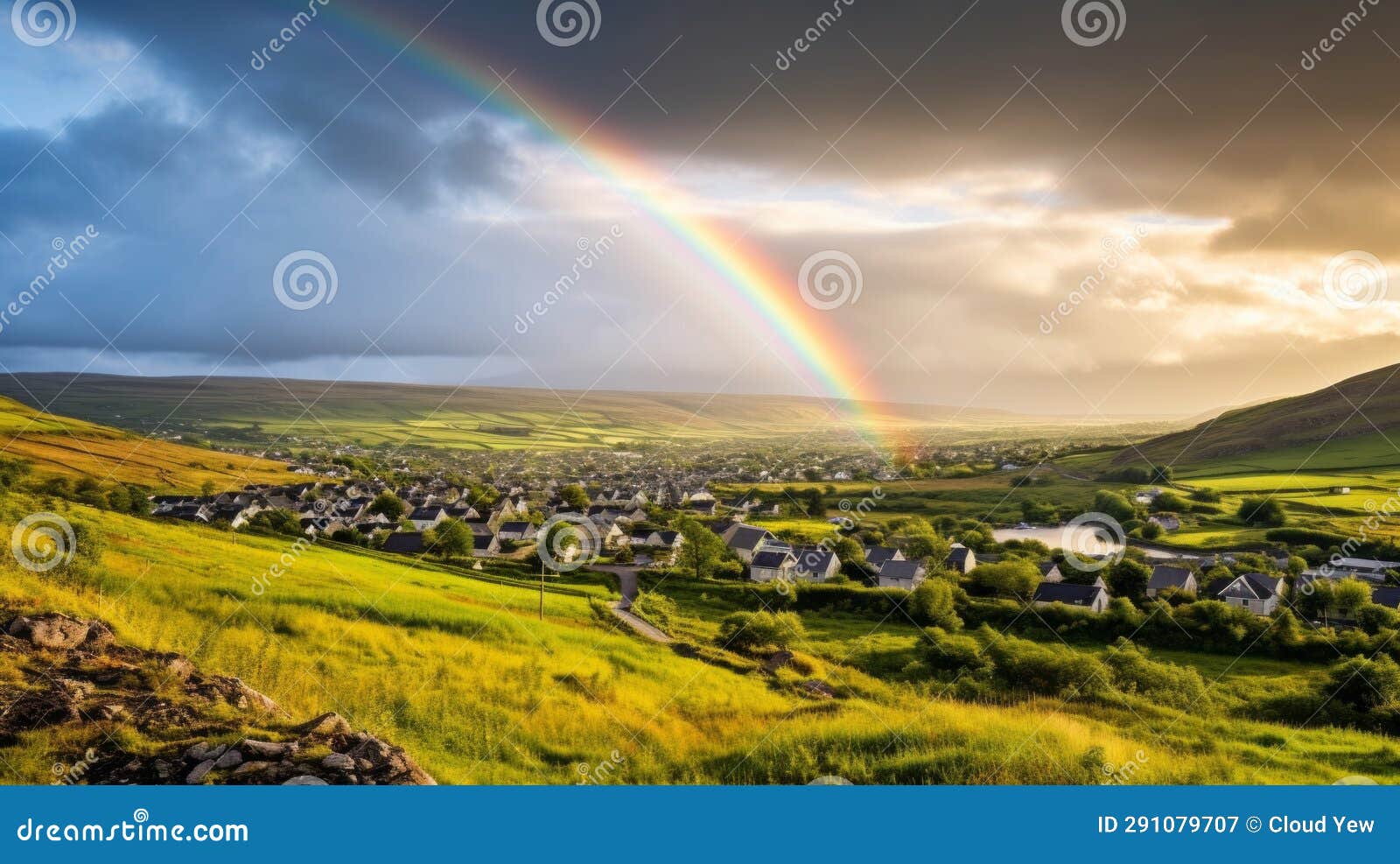 Rainbow Over a Countryside Village Stock Illustration - Illustration of ...