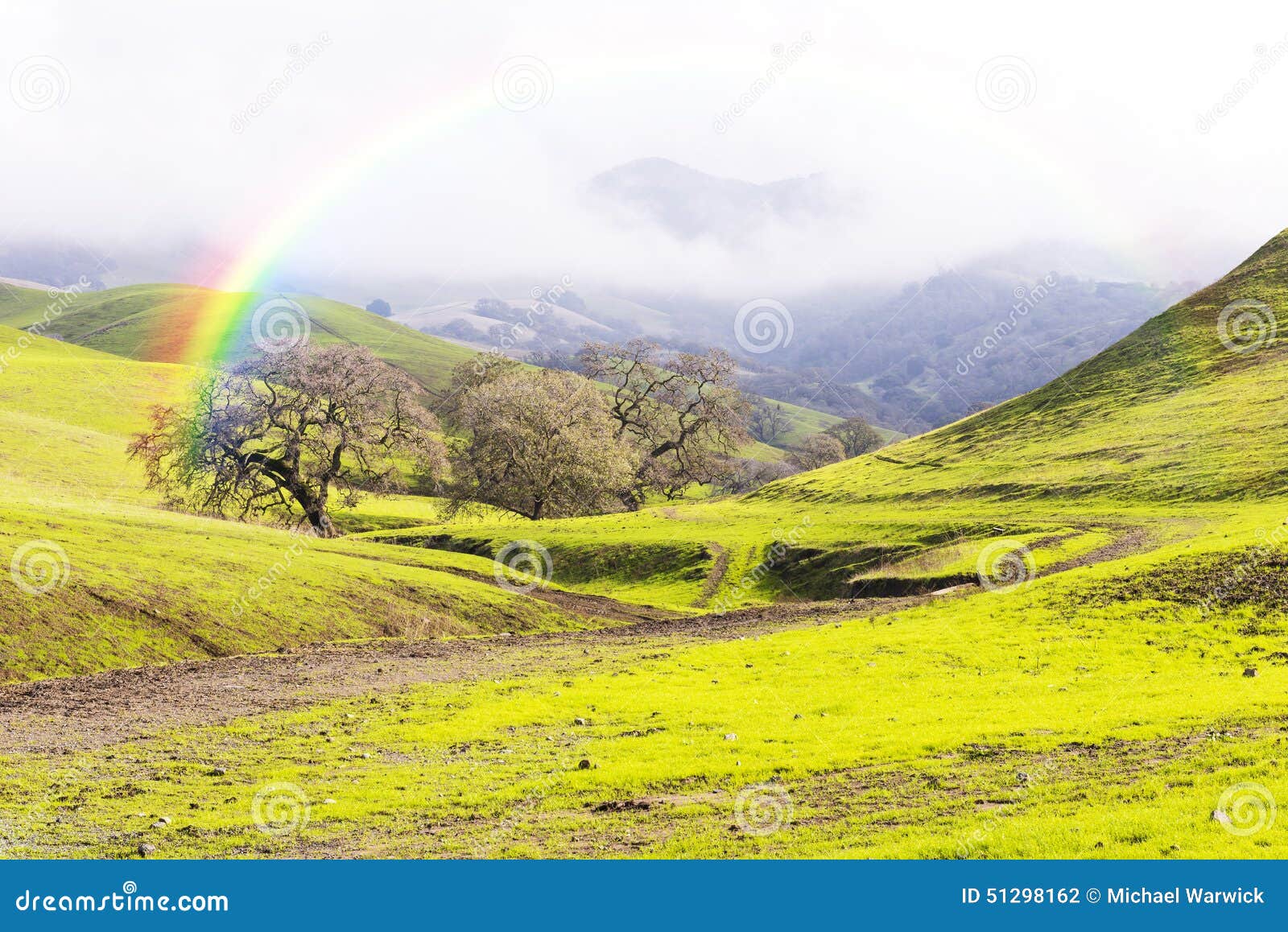 Rainbow Over Green Hills and Meadows in Spring Stock Photo - Image of ...