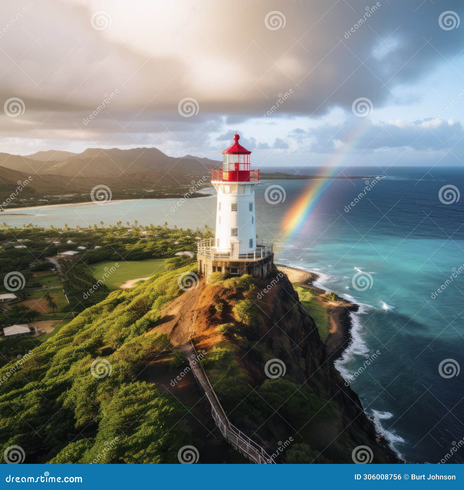 Rainbow Over Hawaii Lighthouse Oahu Stock Photo - Image of blue, view ...
