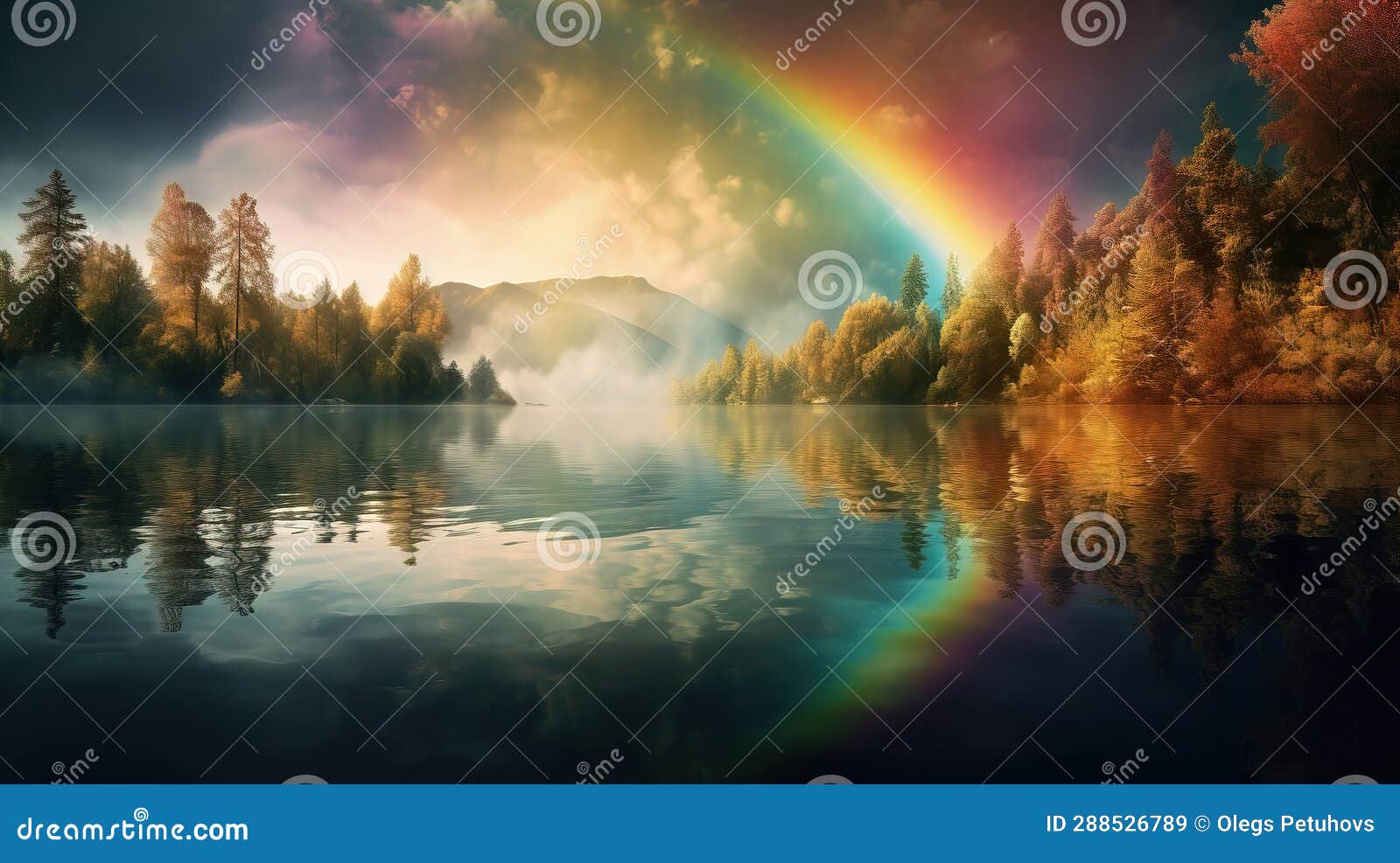 A Rainbow Over a Lake with Trees and Mountains in the Background and a ...