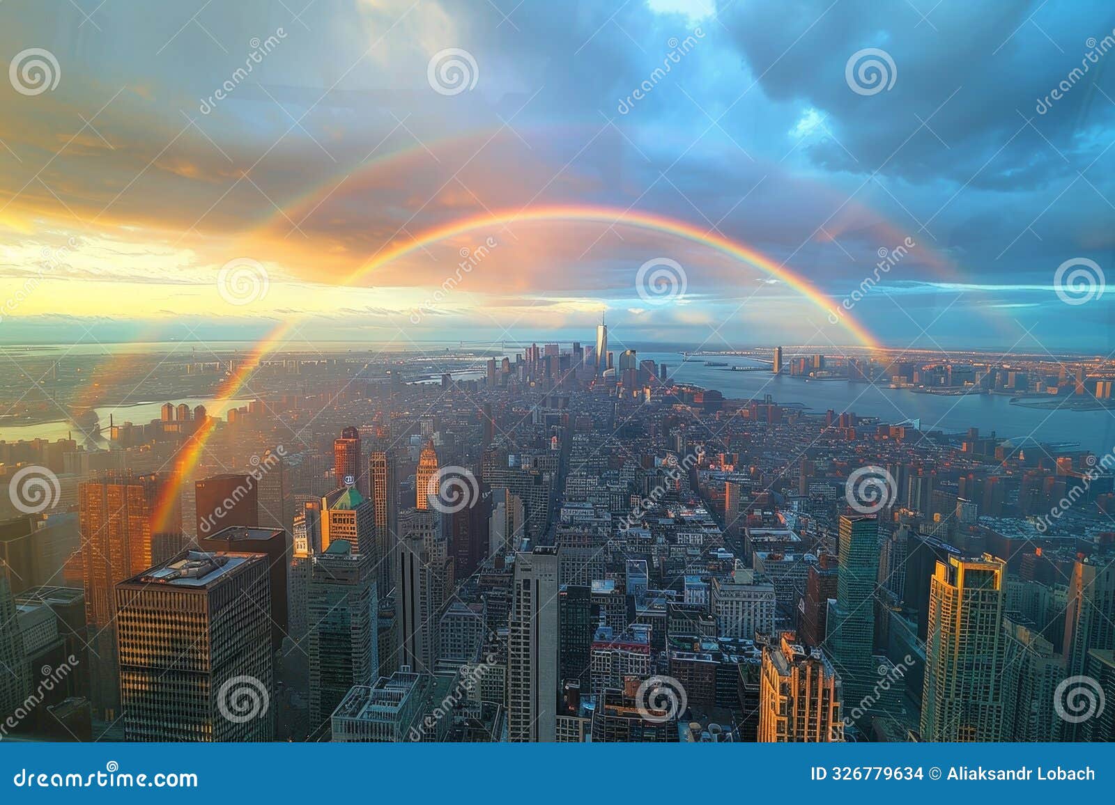 Rainbow Over a Large Modern City with High-rise Buildings Stock Photo ...