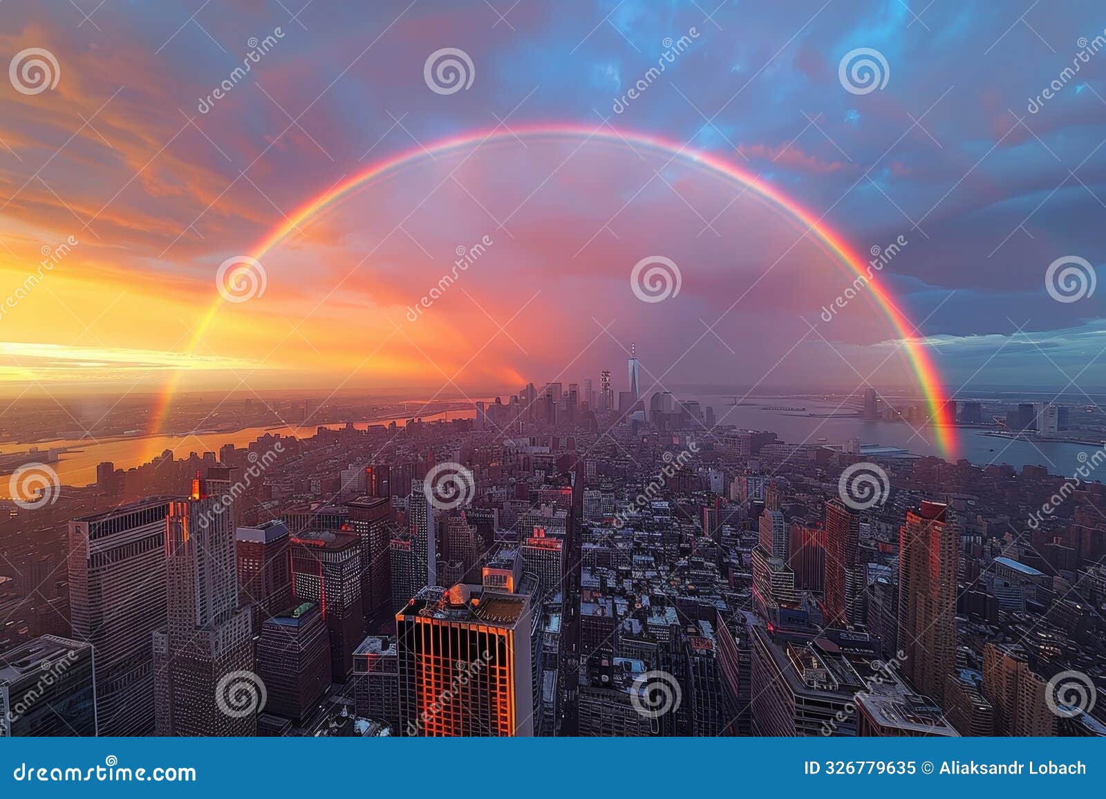 Rainbow Over a Large Modern City with High-rise Buildings Stock Image ...