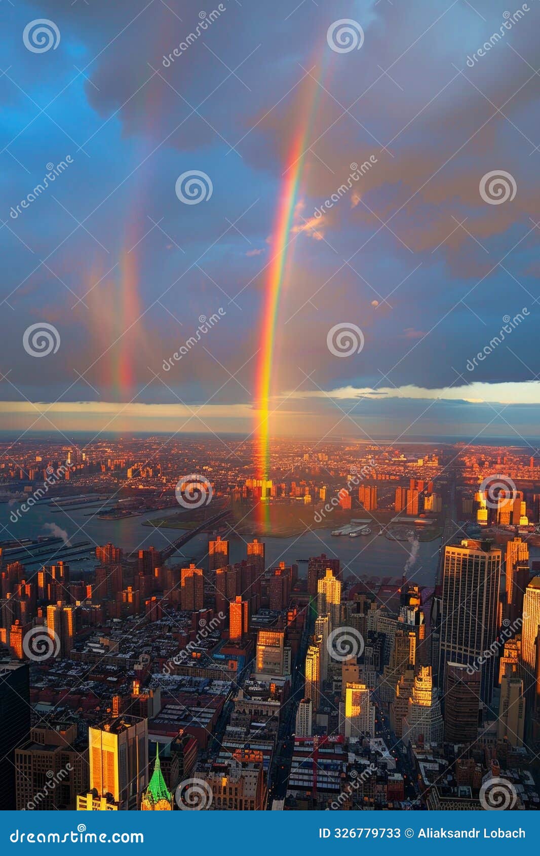 Rainbow Over a Large Modern City with High-rise Buildings Stock Image ...