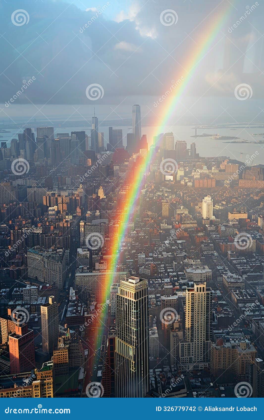 Rainbow Over a Large Modern City with High-rise Buildings Stock Photo ...