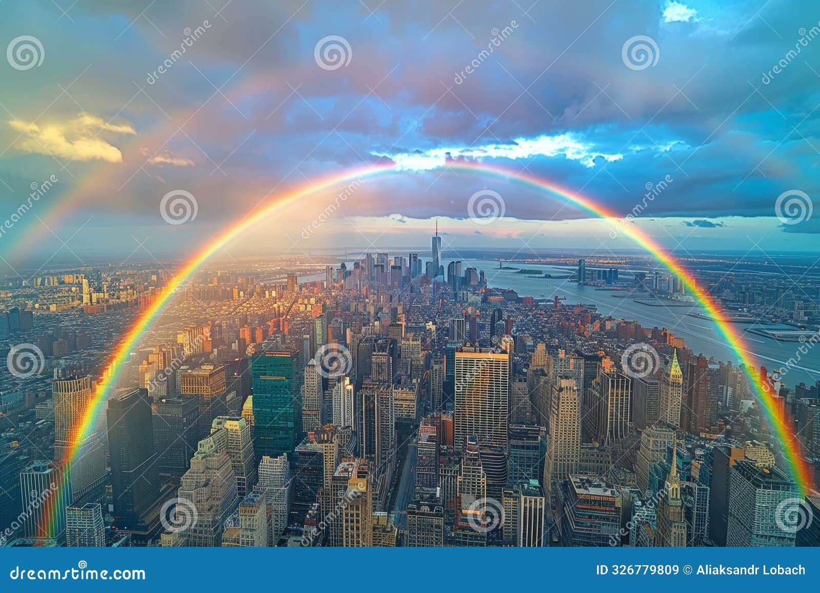 Rainbow Over a Large Modern City with High-rise Buildings Stock Image ...