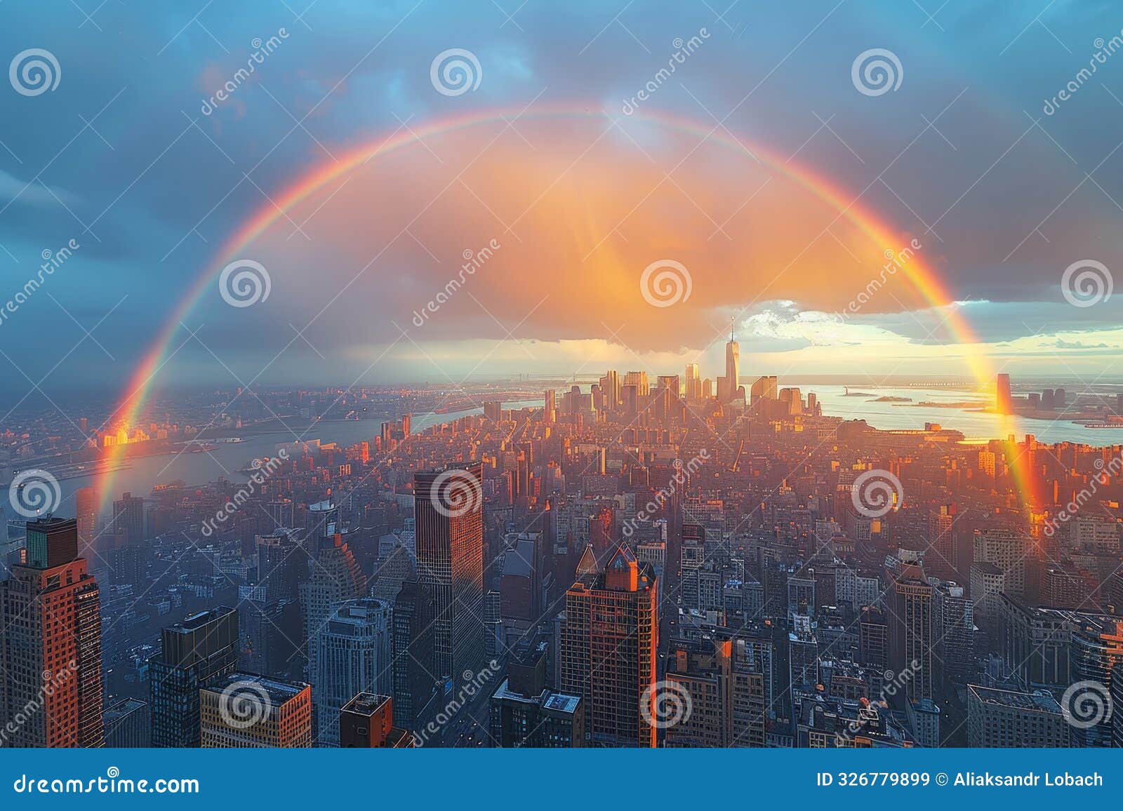 Rainbow Over a Large Modern City with High-rise Buildings Stock Image ...