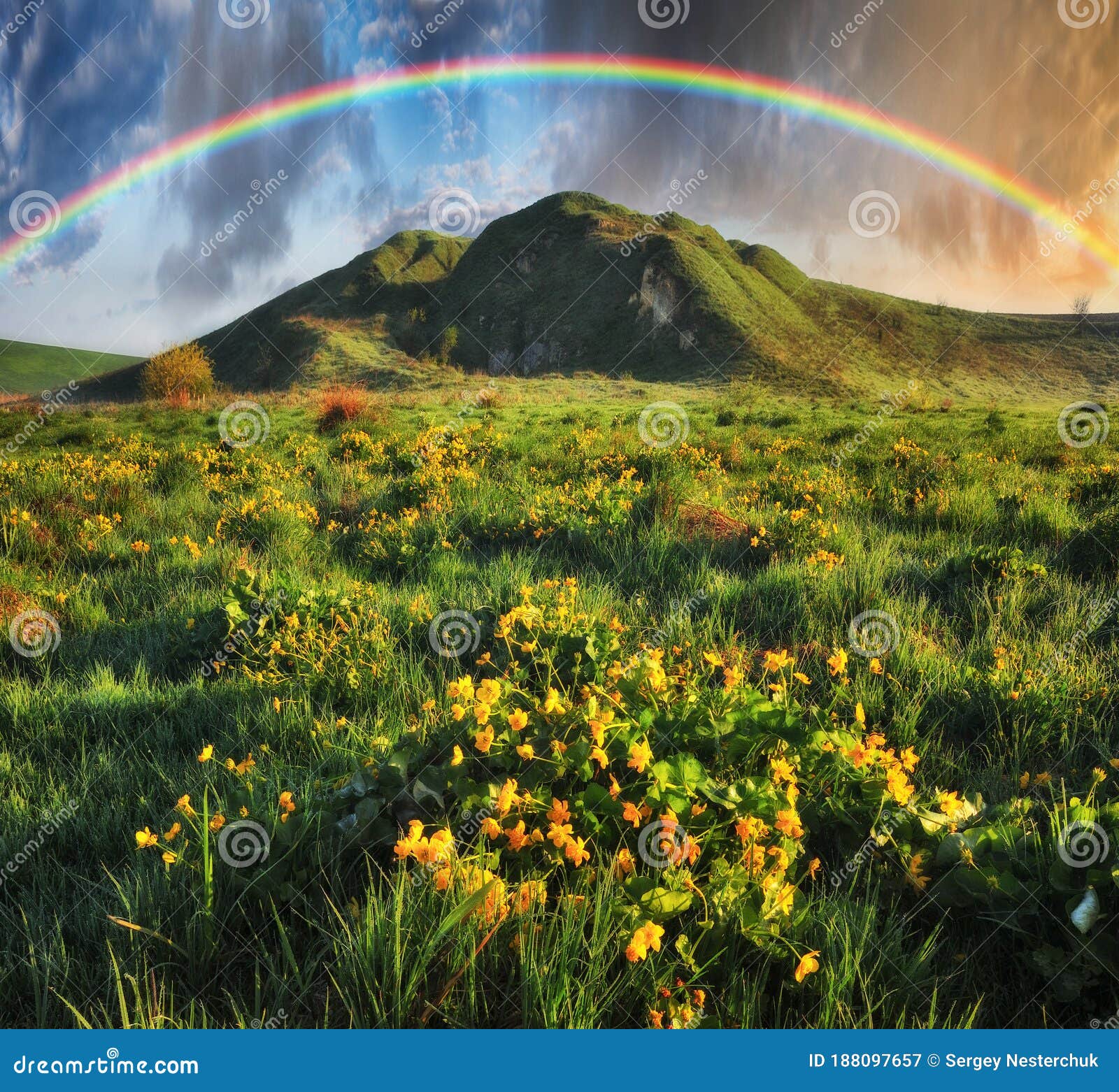 Rainbow over the meadow stock image. Image of mystery - 188097657