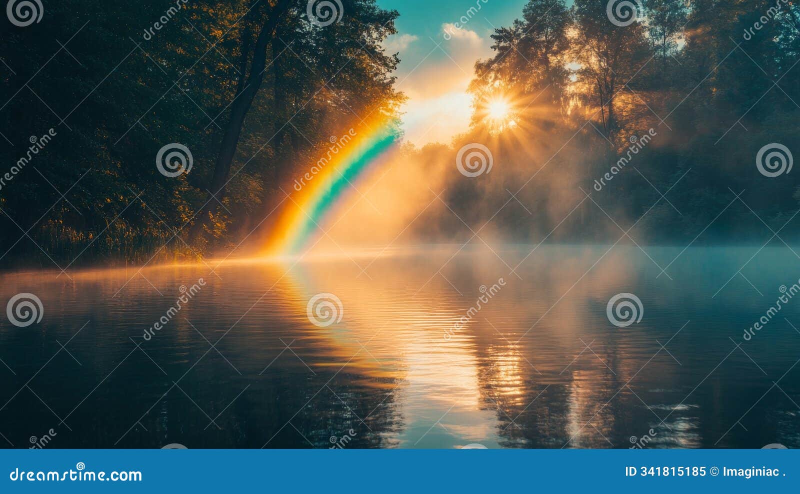 Rainbow Over a Misty River at Sunrise Stock Illustration - Illustration ...