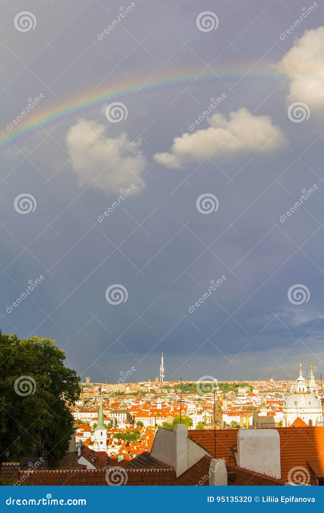 Rainbow Over the Red Roofs of Old Prague View of the Prague Castle ...