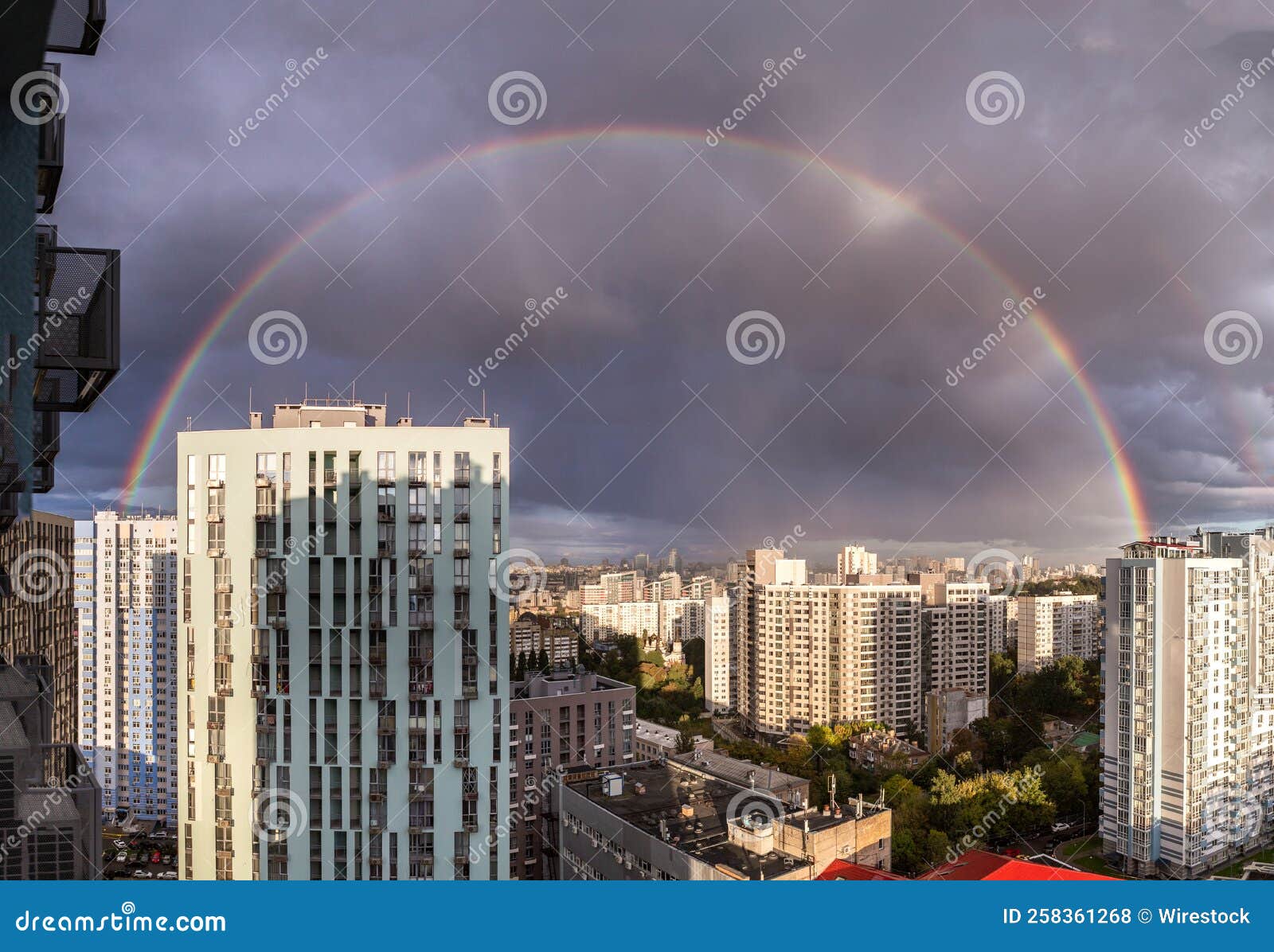 Rainbow Over the Residential Buildings after the Storm Stock Photo ...