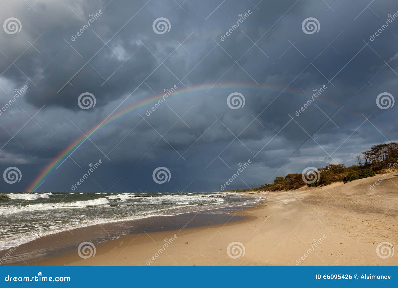 Rainbow Over the Sea and the Beach. Stock Photo - Image of water ...