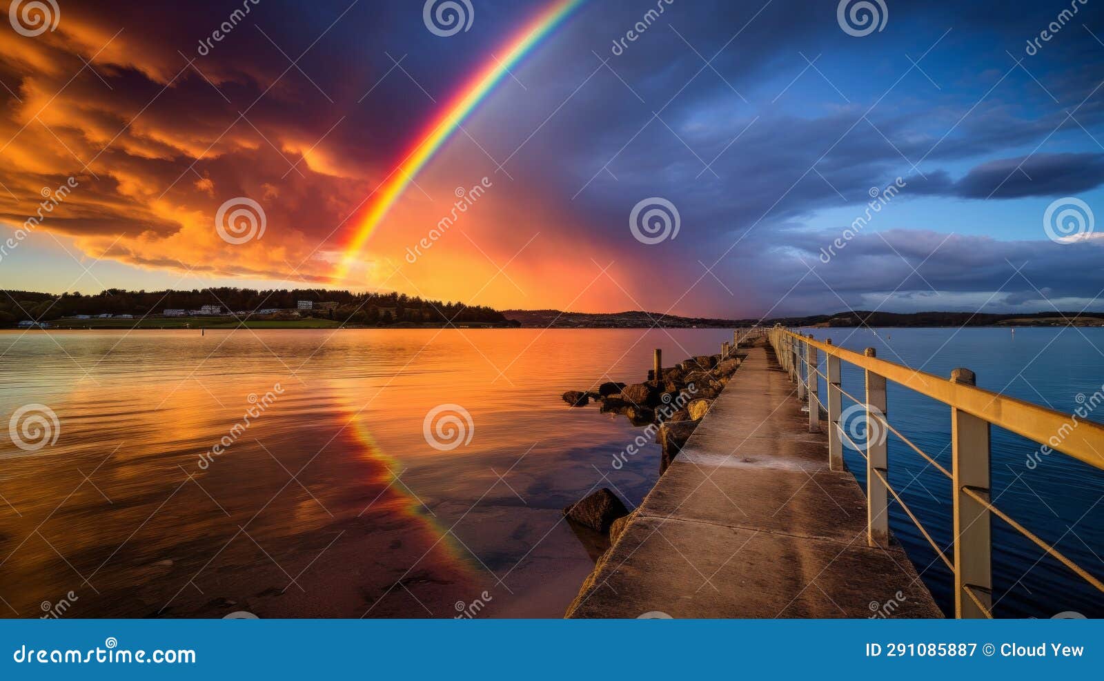 Rainbow Over a Seaside Pier Stock Illustration - Illustration of rain ...
