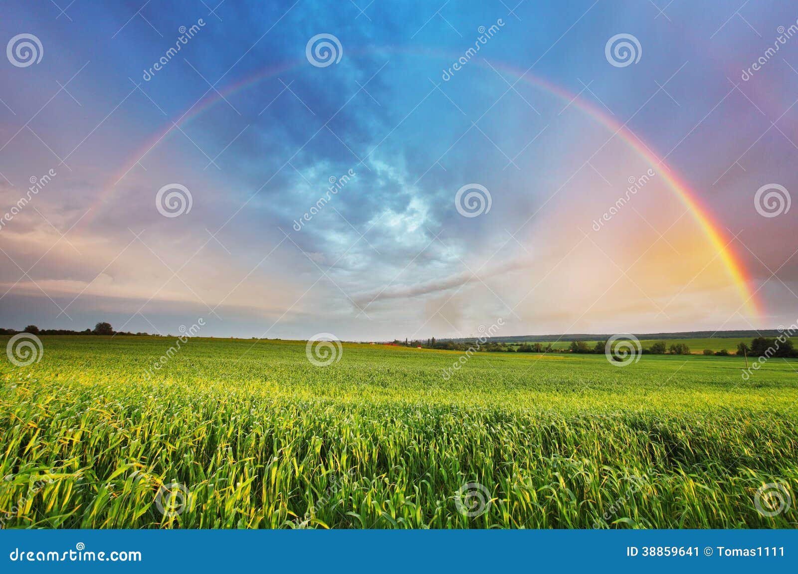 Rainbow over spring field stock image. Image of cloudy - 38859641