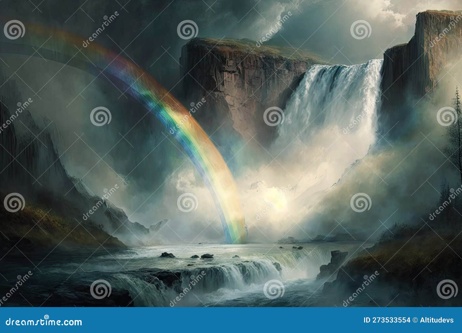 A Rainbow Over a Thundering Waterfall, with Mist Rising into the Air ...