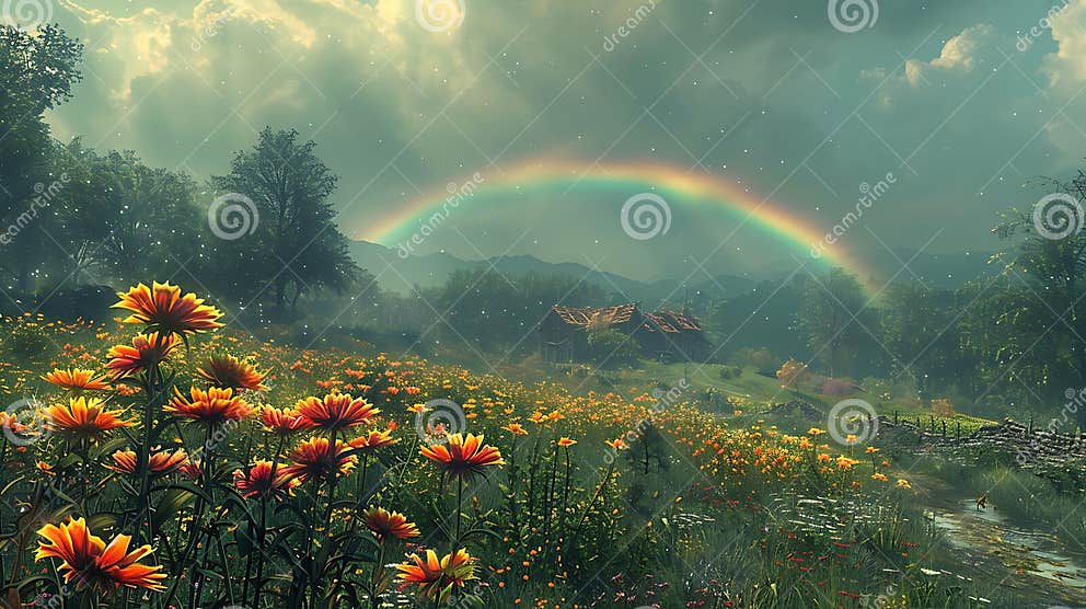 Rainbow Over Valley stock illustration. Illustration of beautiful ...