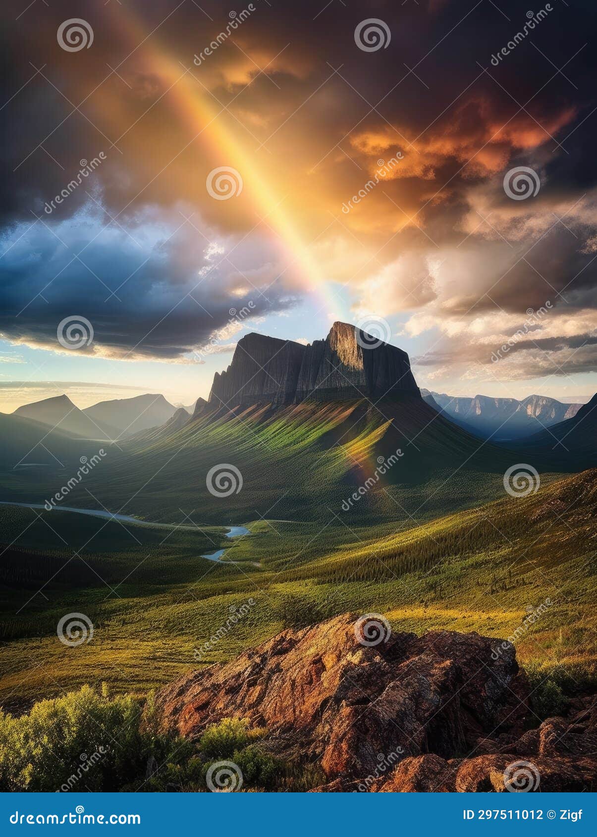 Rainbow Over Valley with Mountains in Background Stock Illustration ...