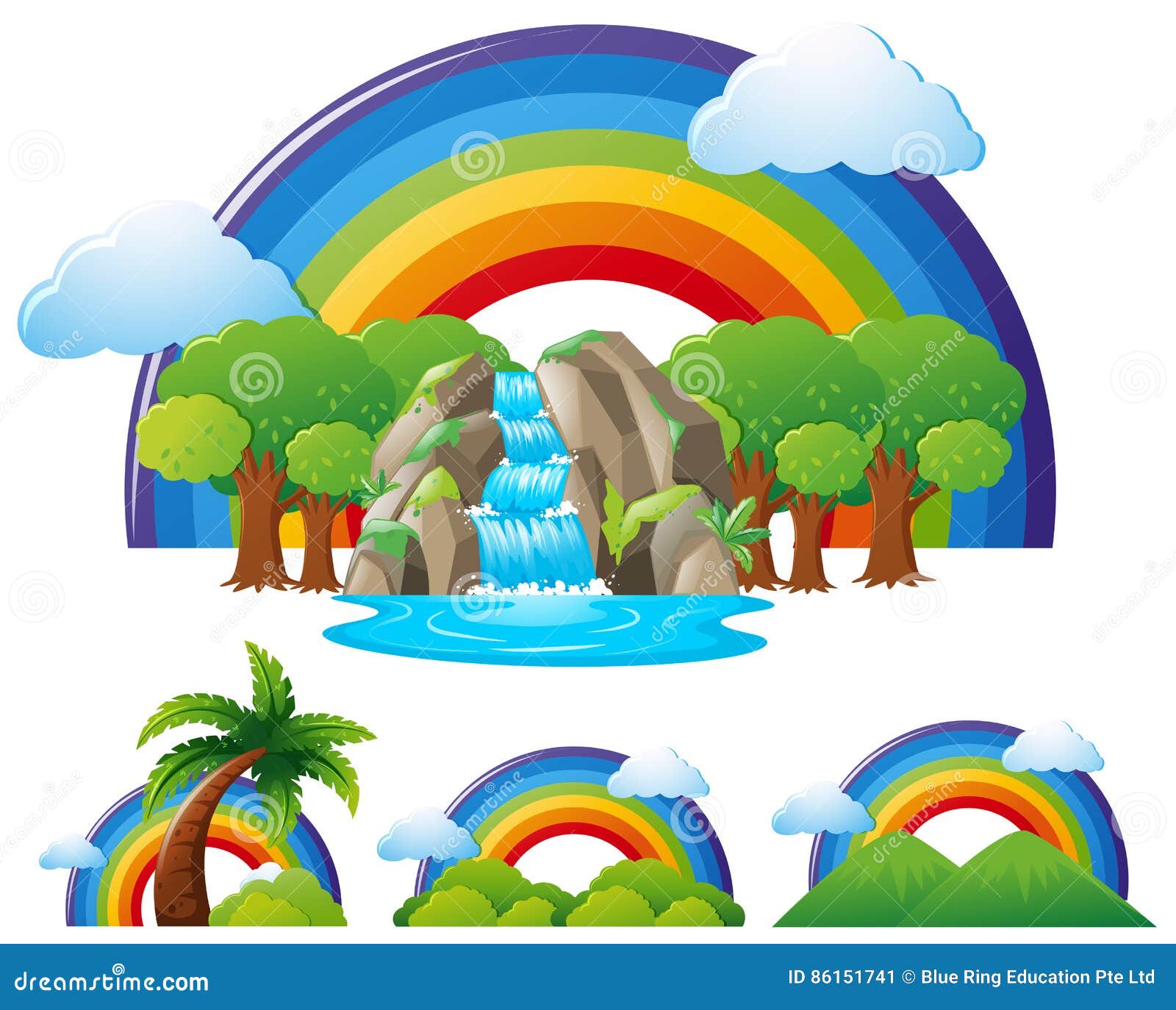 Rainbow over the waterfall stock vector. Illustration of drawing - 86151741